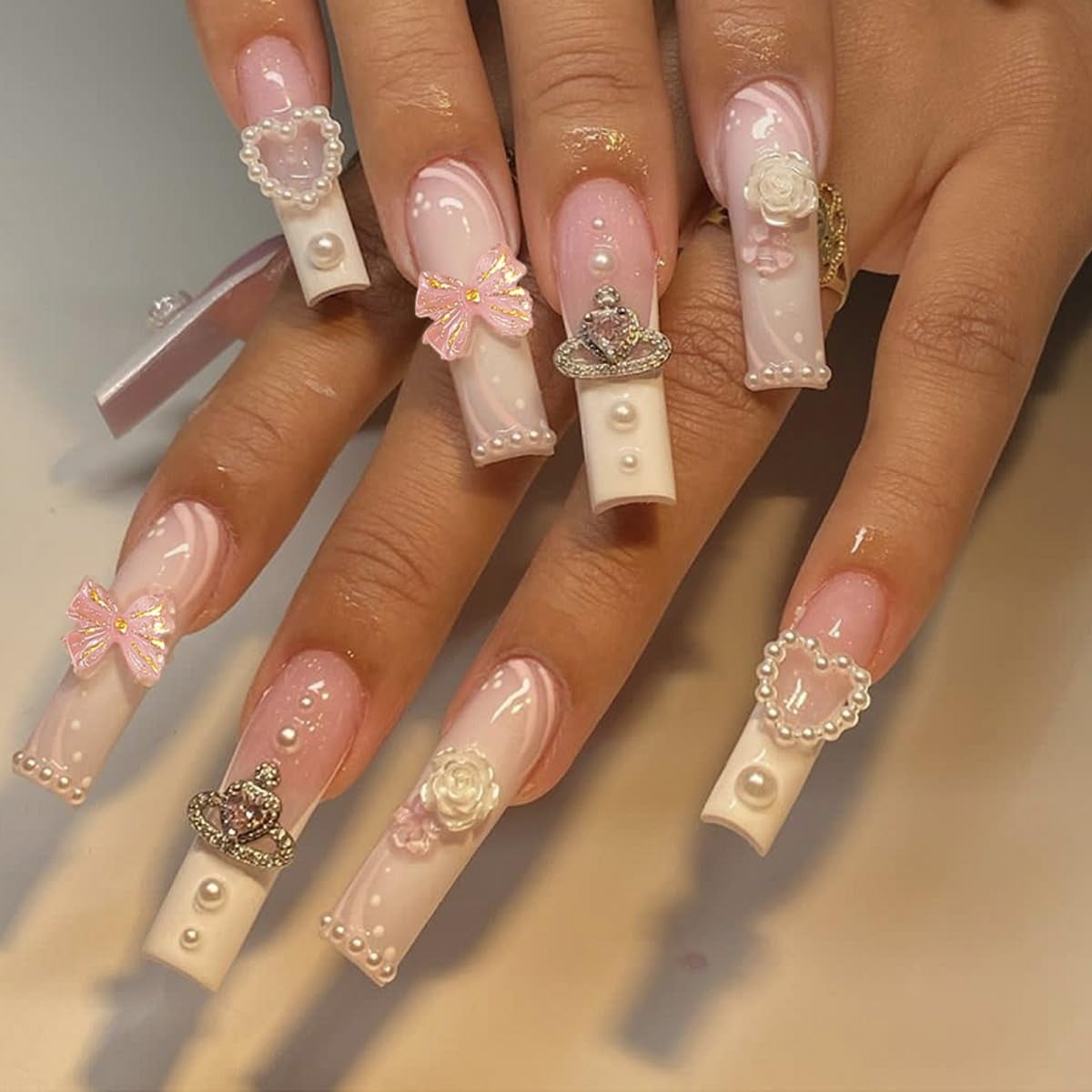 Press on Nails Long Square Shape Nails White Acrylic Nails Glossy Glue ...