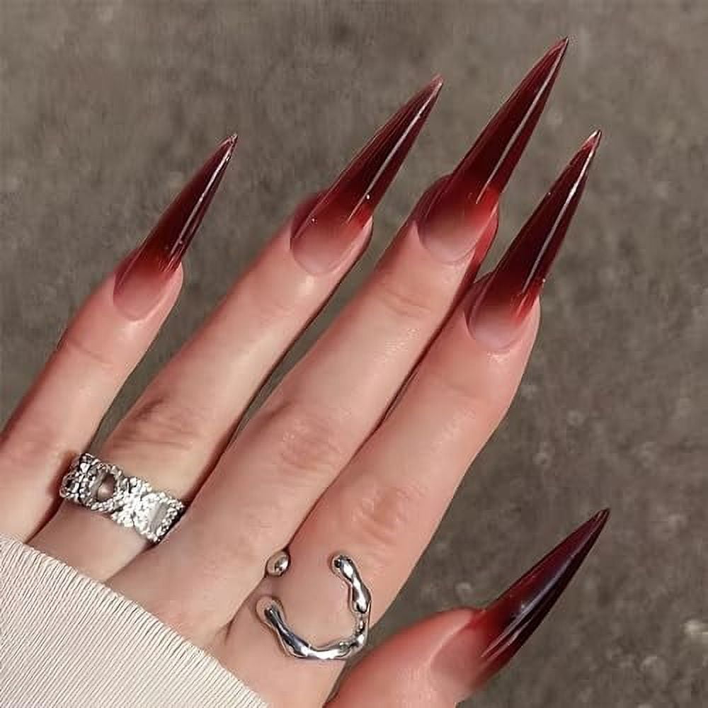 Press on Nails Long Stiletto Fake Nails Glossy Glue on Nails Wine Red ...
