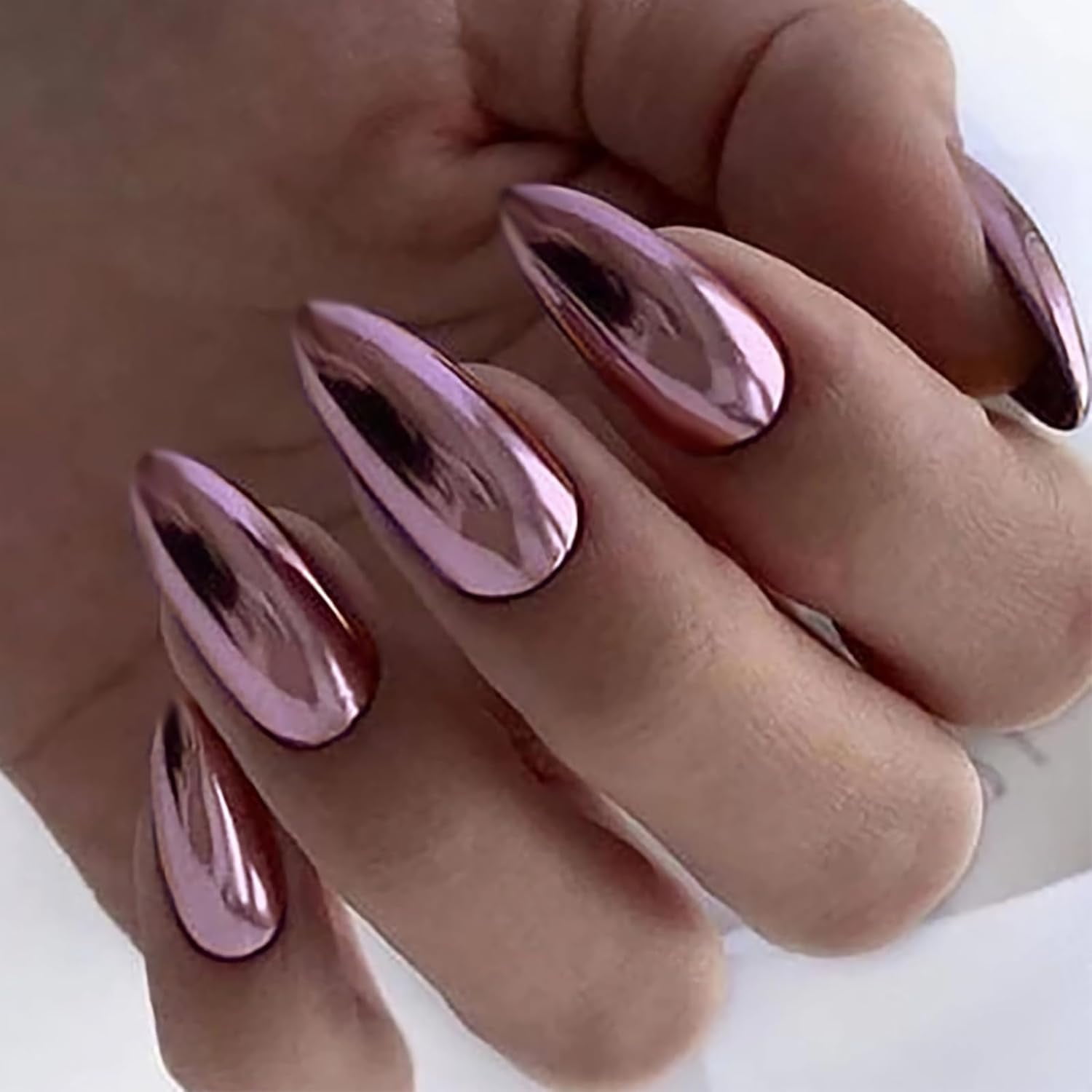 Press on Nails Medium Almond Fake Nails Glossy Glue on Nails Pink Chrome Stiletto Acrylic Nails ...