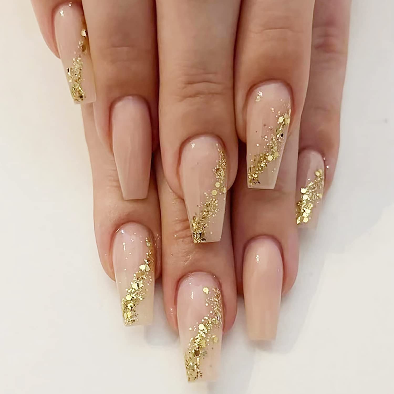 Press on Nails Medium Length Golden Fake Nail Gold Sequins Glossy Nails ...