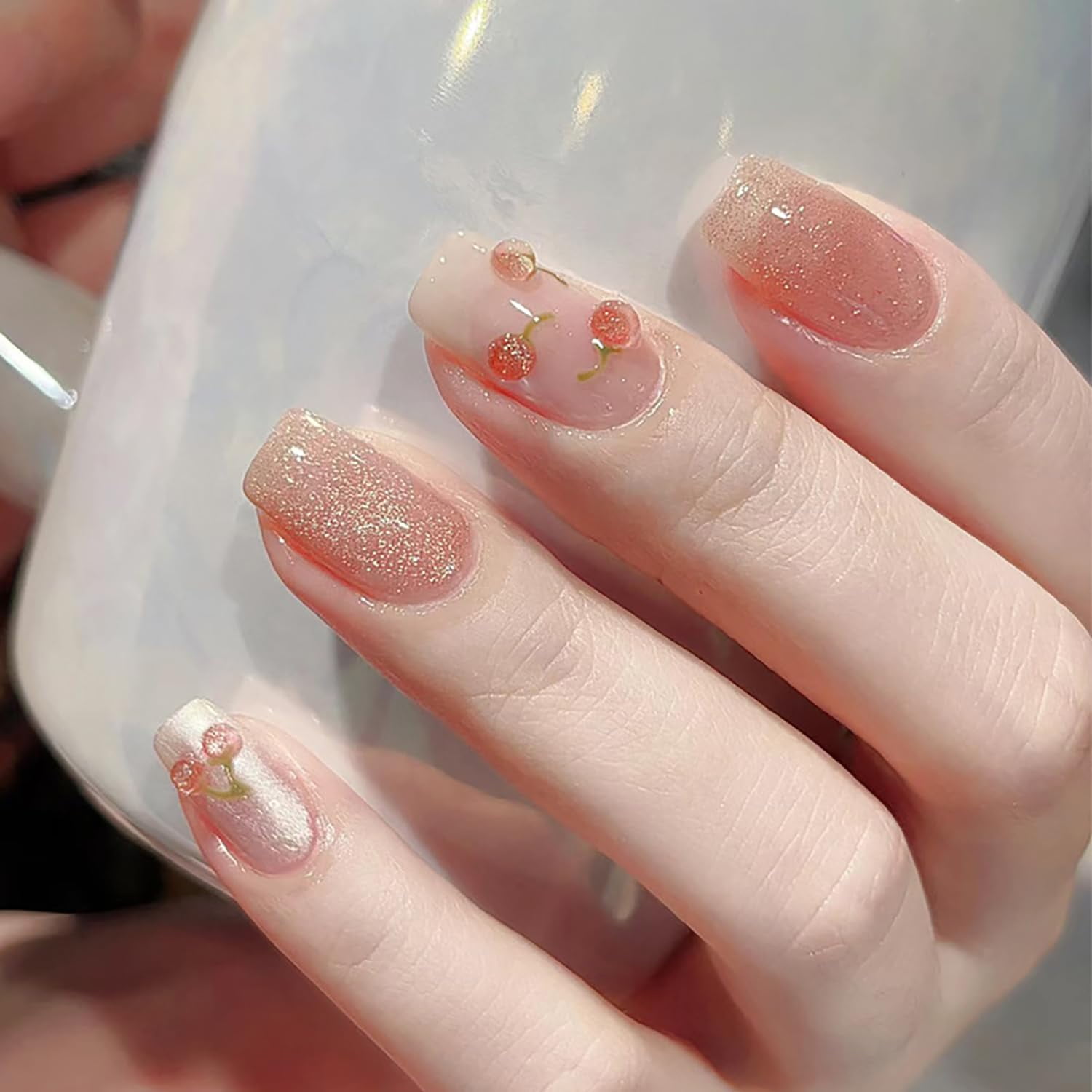 Press on Nails Medium Length Pink Glitter Powder Square Shaped ...