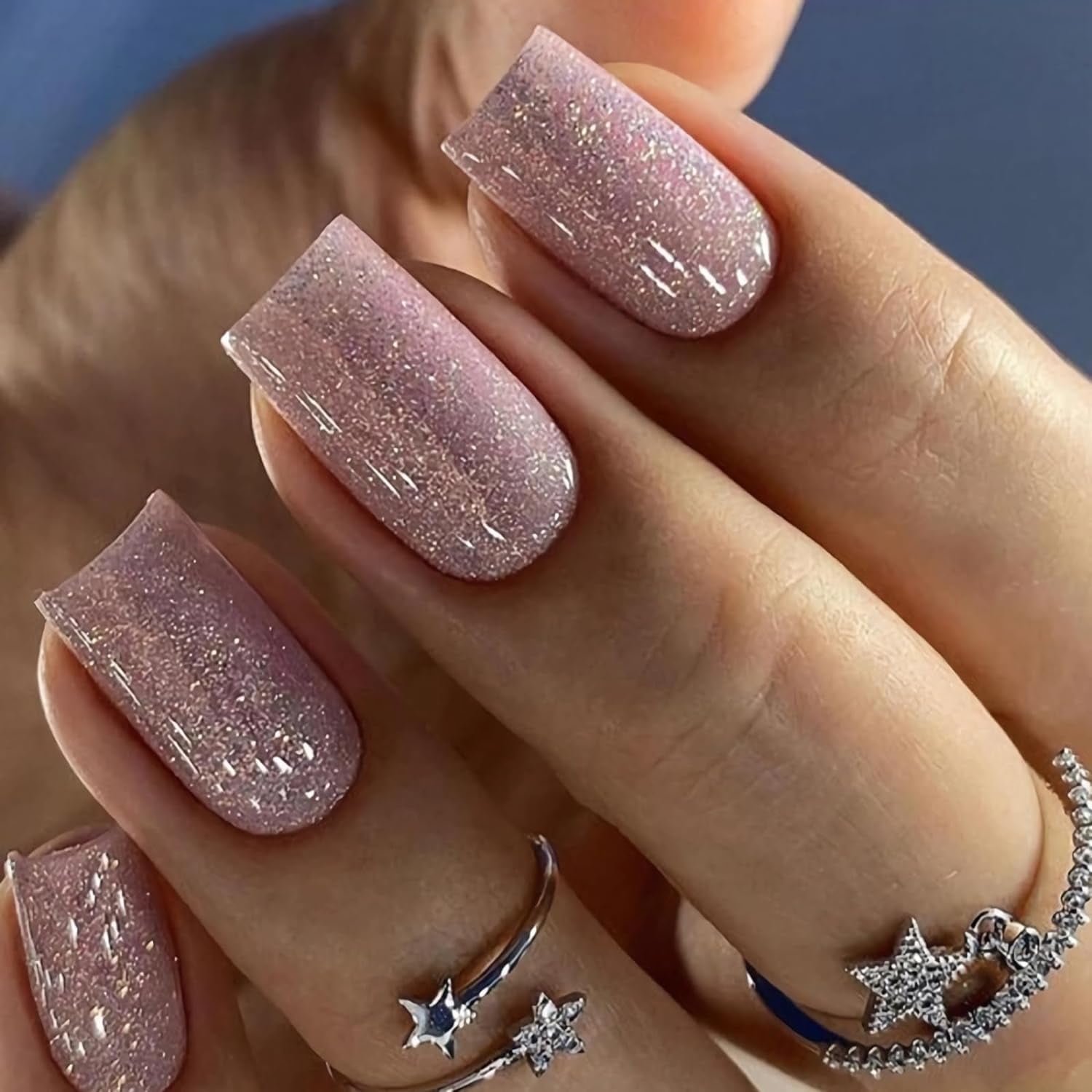 Press on Nails Medium Square Fake Nails Glossy Glue on Nails Bling ...