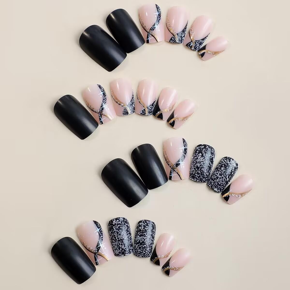 Press on Nails Short Square Fake Nails Black False Nails with Design ...