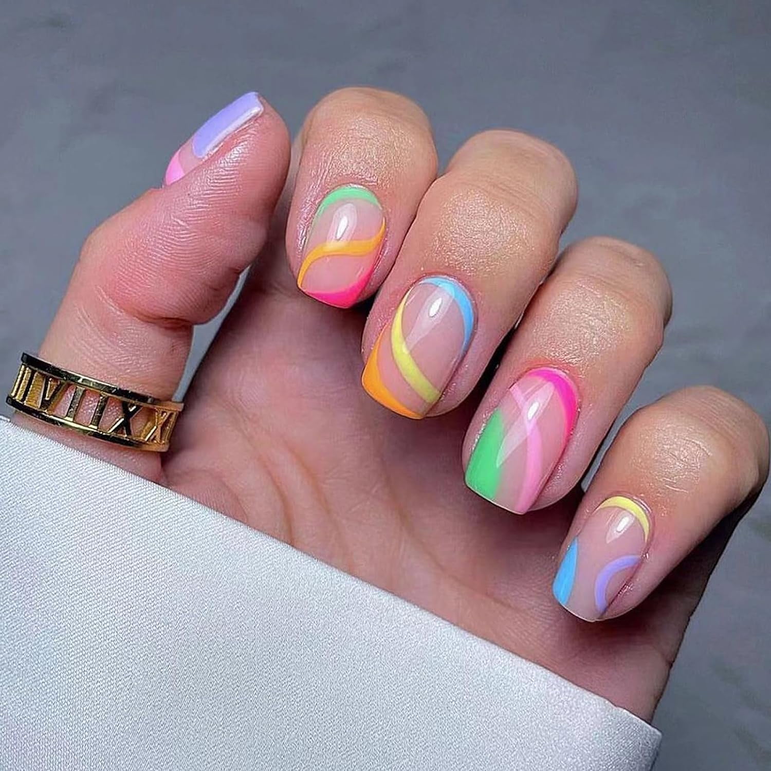 Press on Nails Short Square Fake Nails Glossy Glue on Nails Colorful ...