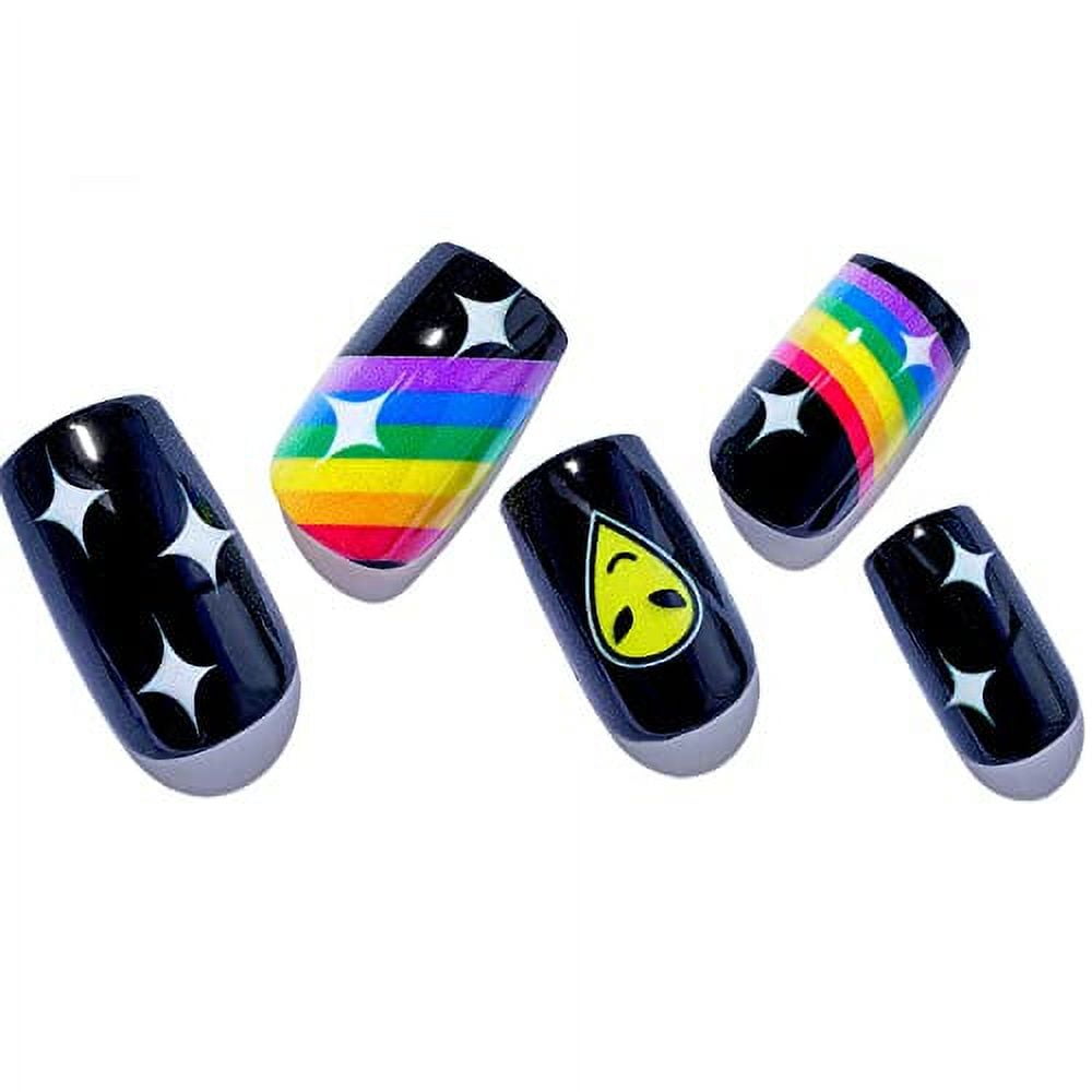Press On Nails Short Square Nails Black Fake Nails Medium Alien Stars Goth Glue On Nails Uv 24