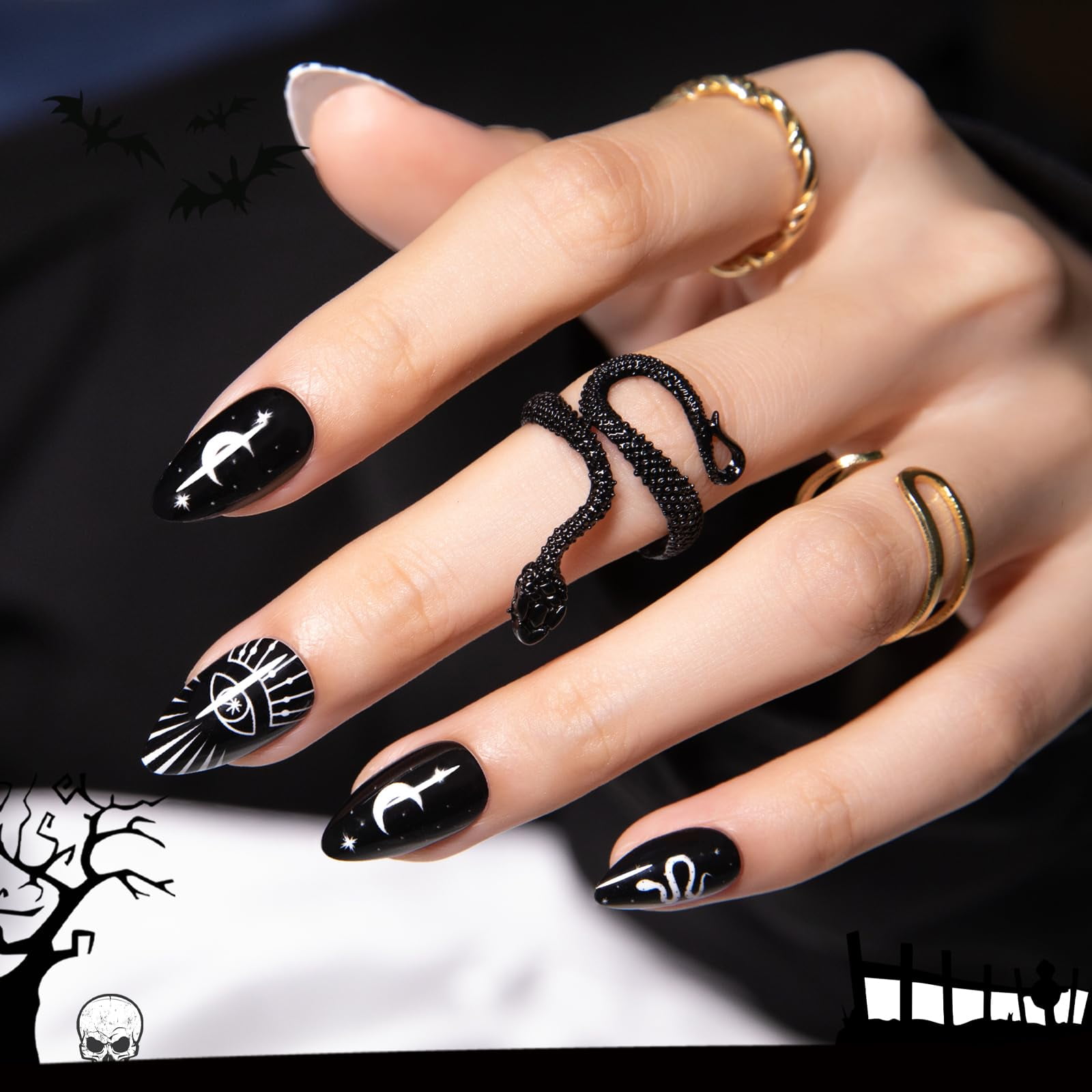 Press On Nails Short TMA2 Almond, SHOWMORE Black Goth Fake Nails Medium ...