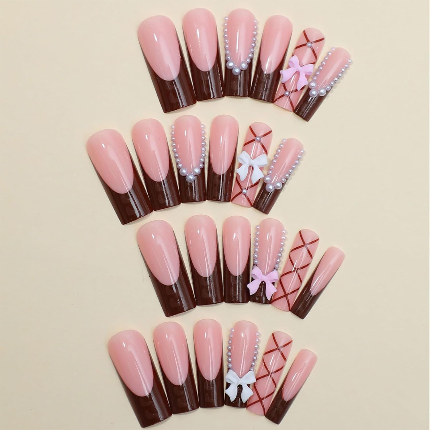 Press on Nails Square Long French Tips Acrylic Fake Nails with Bow ...