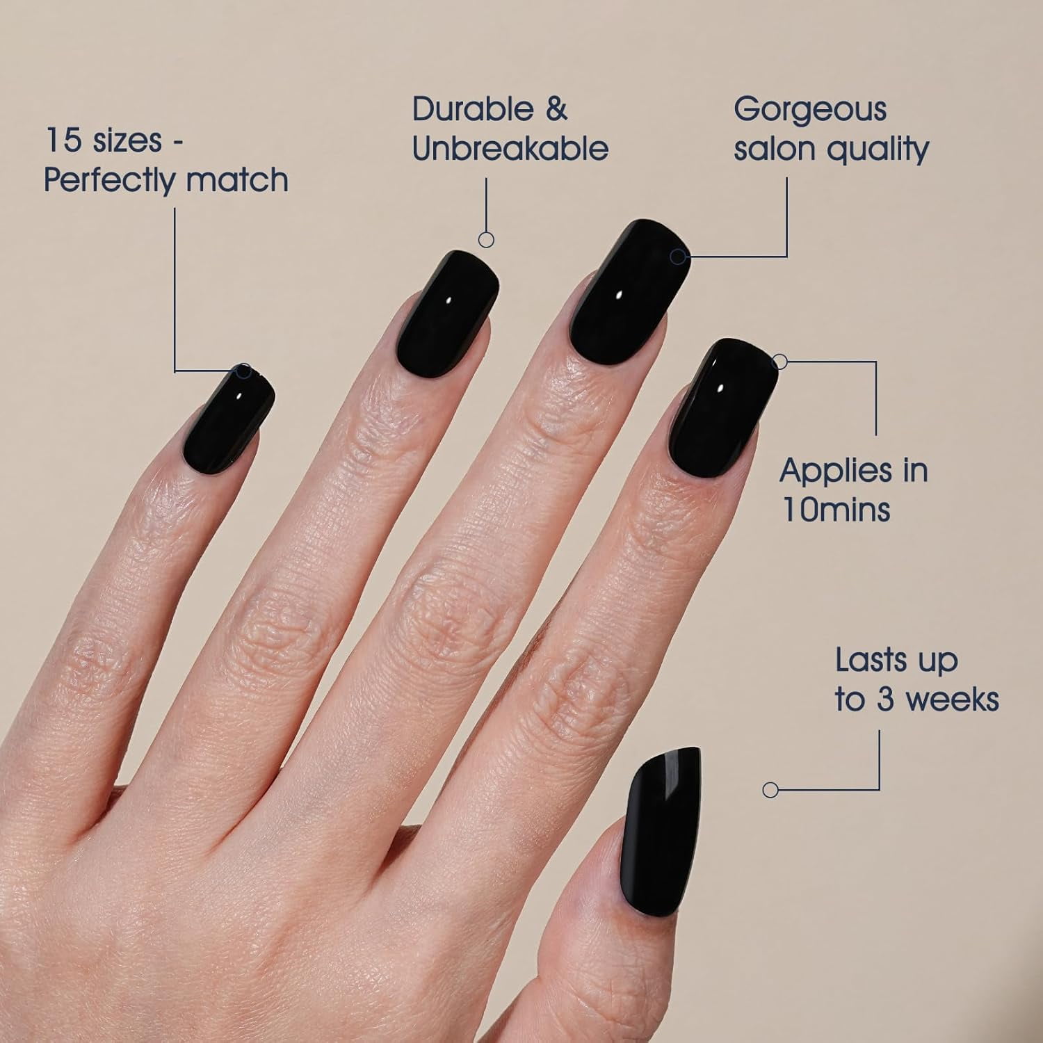 Press On Nails for Women 30Pcs 15 Sizes, Classic Black Medium Square ...