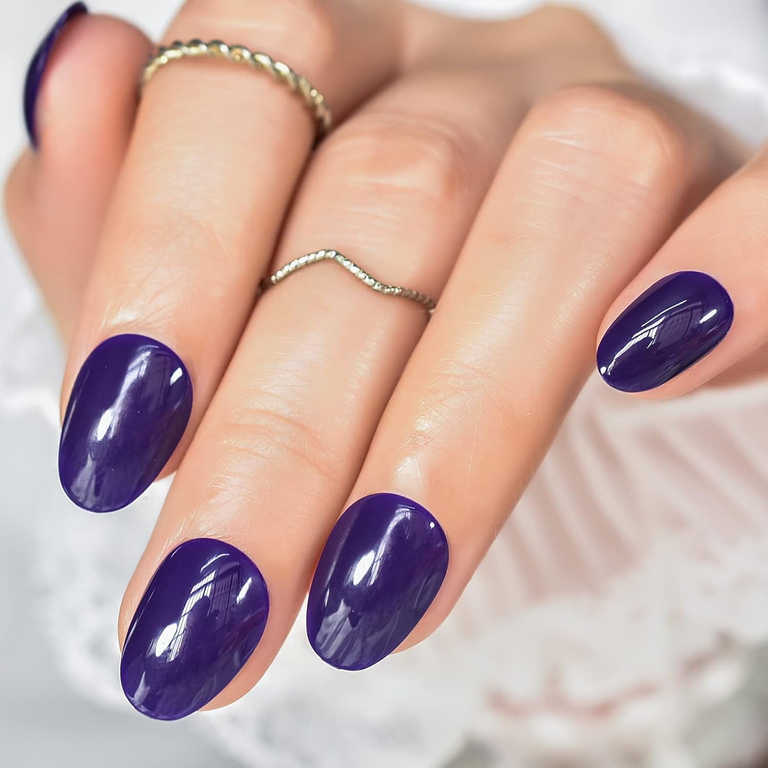 Press On Nails Short Glossy Deep Purple Blue False Nails Almond Acrylic ...