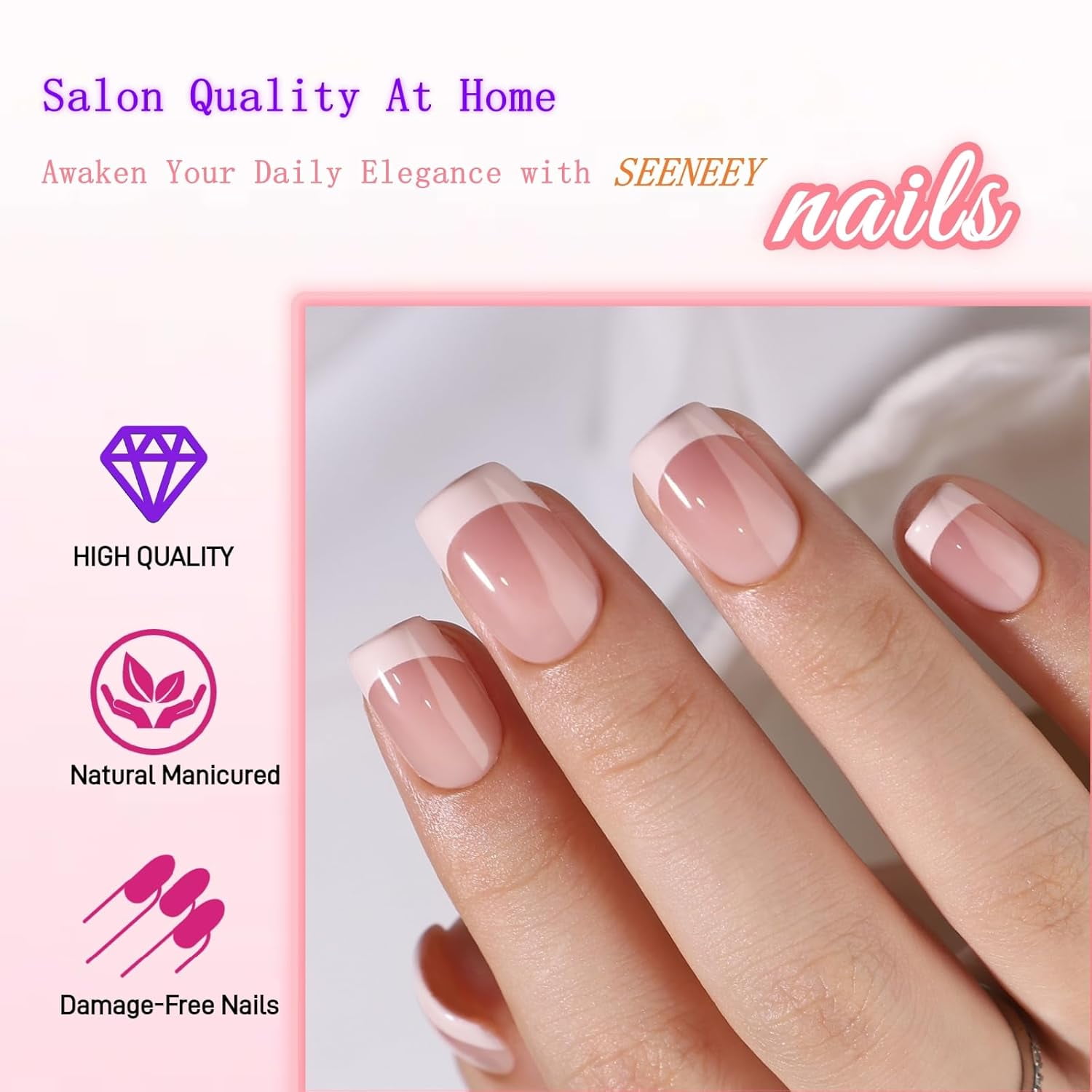 Press On Nails Square - Short Fake Nails, Glue On Nails French tip ...
