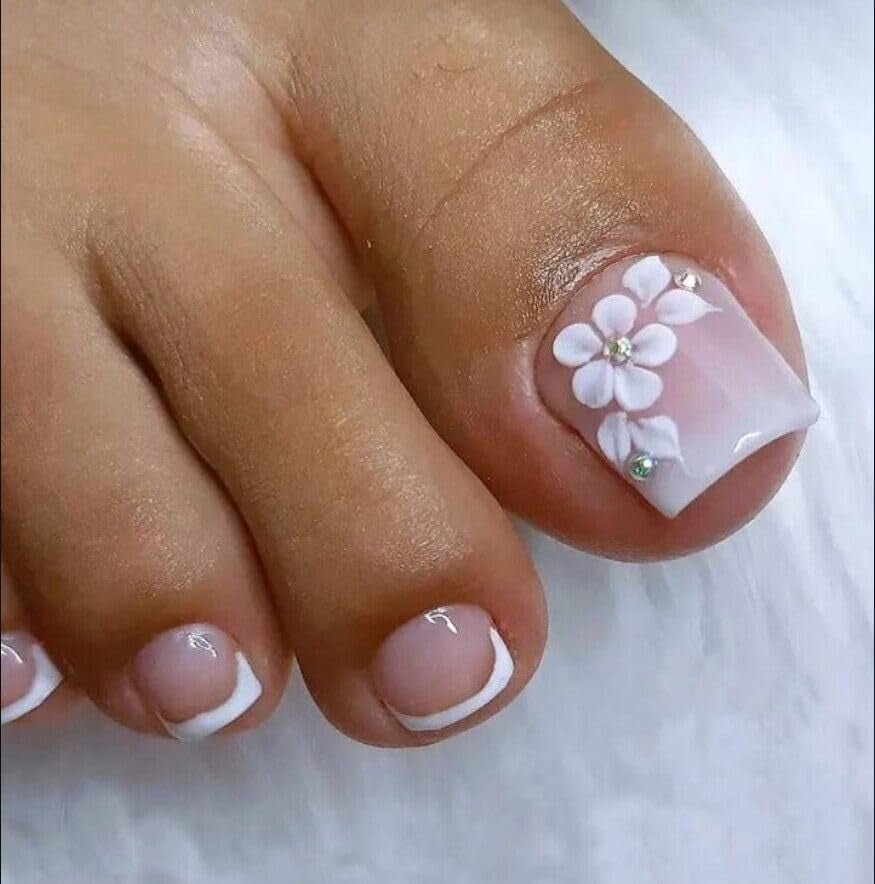 Press On Toenails for Women, Short French Tip Arcylic Fake Toe Nails ...