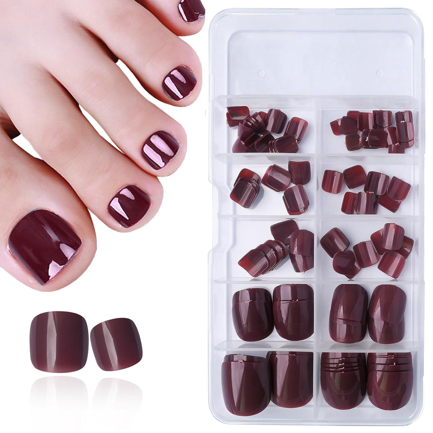 Press on Toenails 120pcs Short Square Fake Toenails Full Cover Dark Red ...