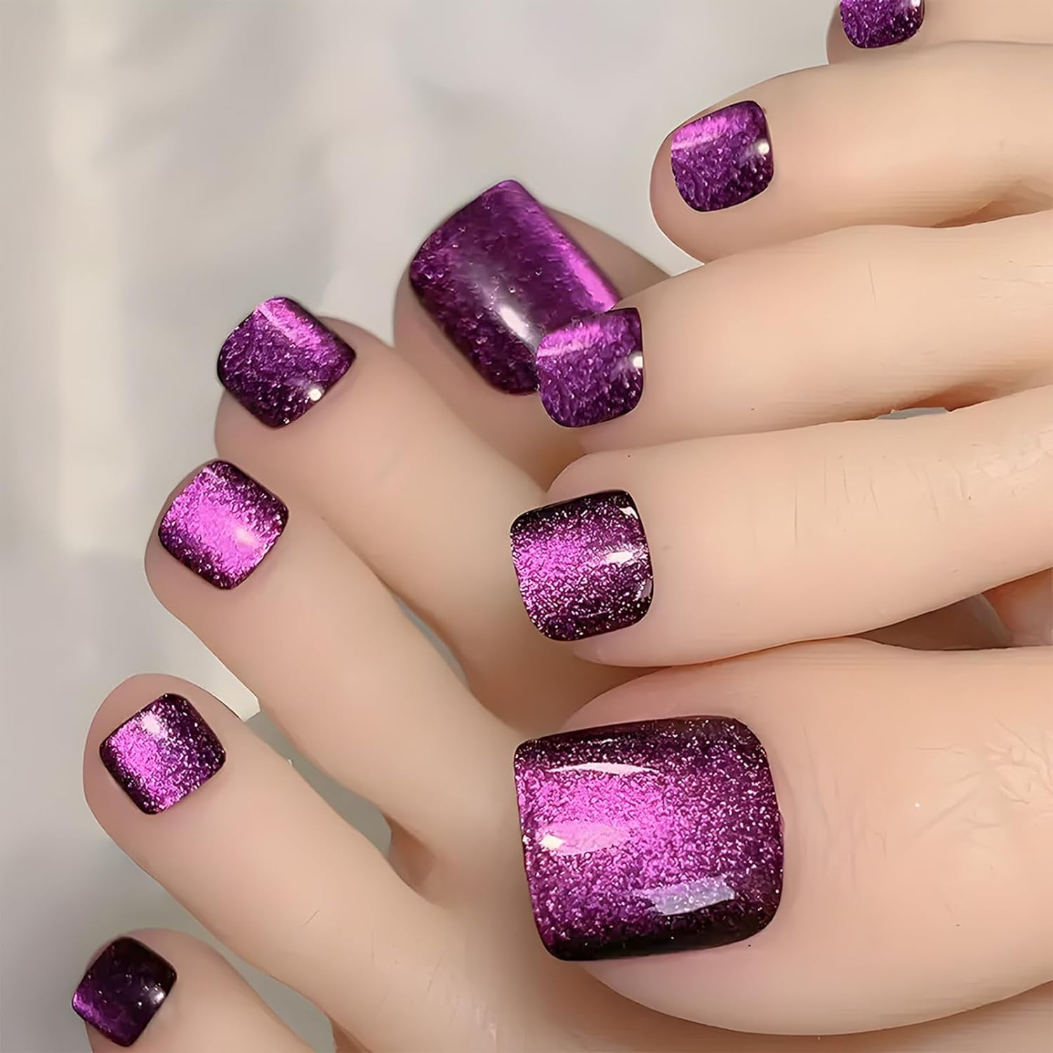 Press on Toenails Cat Eye Fake Toe Nails Purple False Toenails Glossy ...