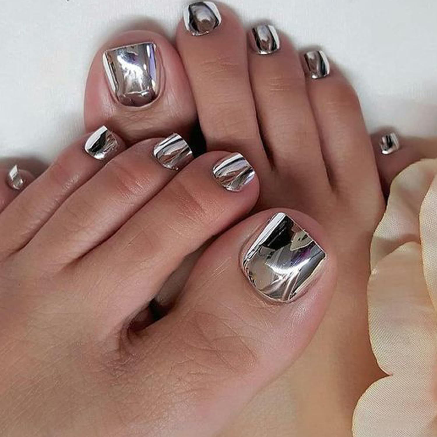 Press on Toenails,Metal Silver Toenails Press ons with Design,24 Pcs ...