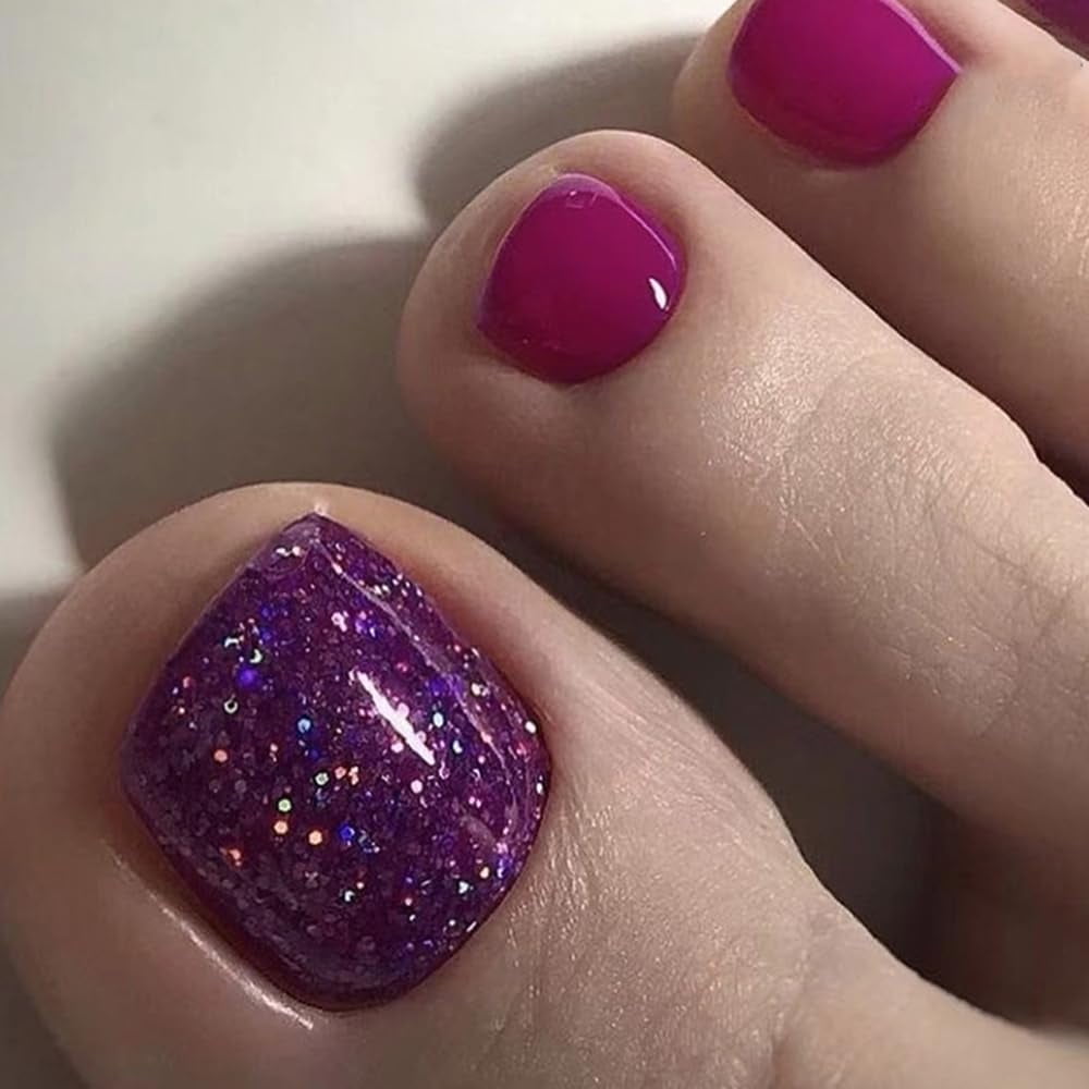 Press on Toes Nails Aristocratic Purple Fake Toenails Short Glitter Square Toe Nail Press ons ...