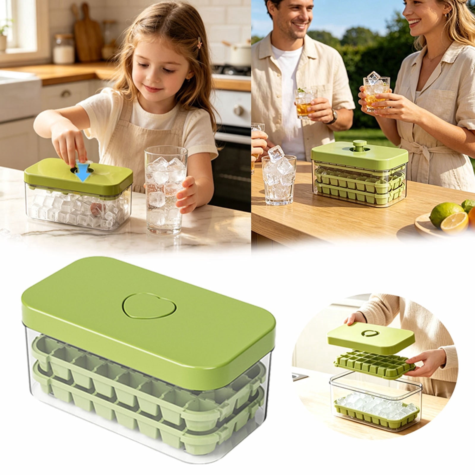 Press Type Ice Cube Tray with Lid & Storage Bin, Easy Release Ice Cube ...