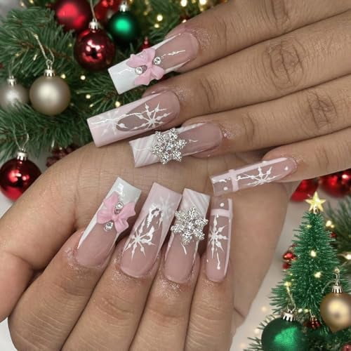 Press on Nails Long Square Glue on Nails Christmas Metallic Winter ...