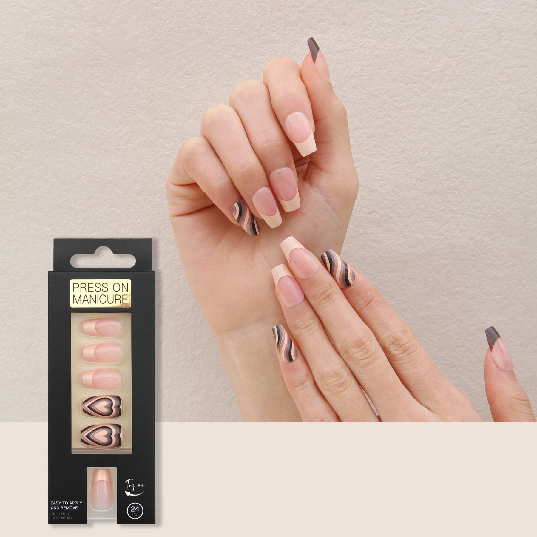 Press on Nails Short Coffin 24 Pcs False Nails Heart French Nail ...