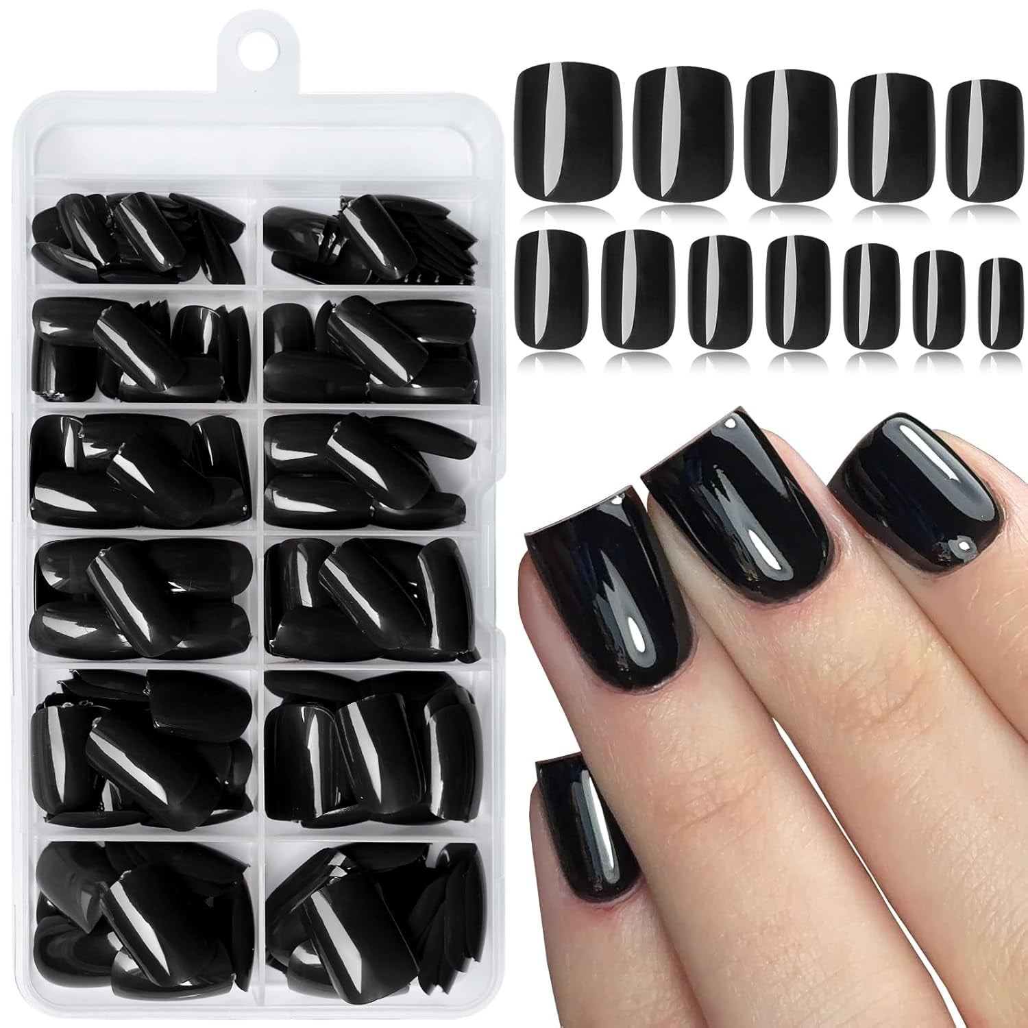 Press on Nails Short Square - 240pcs Black Fake Nails with Nail Glue ...