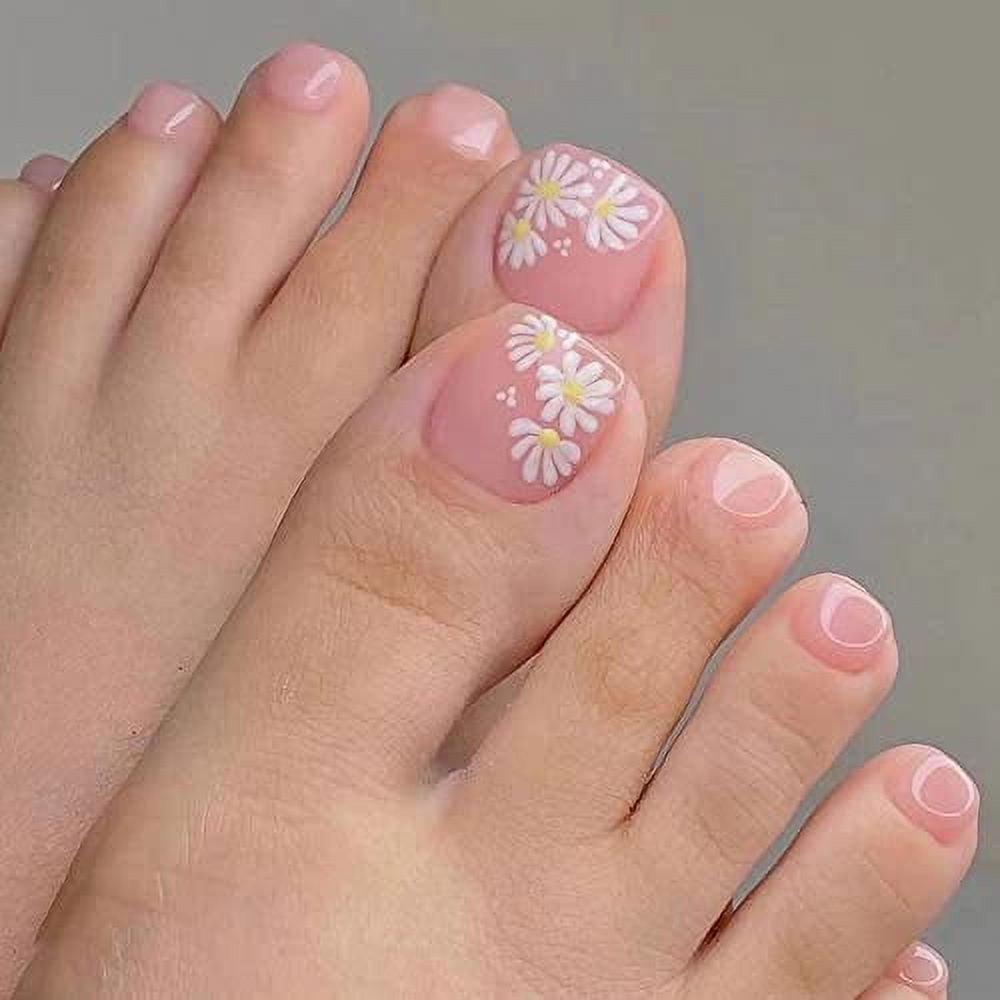 Press on Toenails for Women Square Fake Toe Nails with Daisy Designs ...