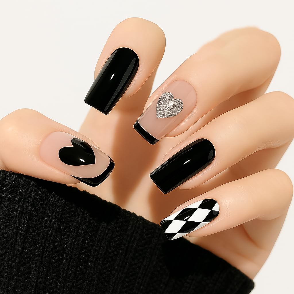 Presson Nails Set Black and White Heart Design 24 Pieces Square French ...