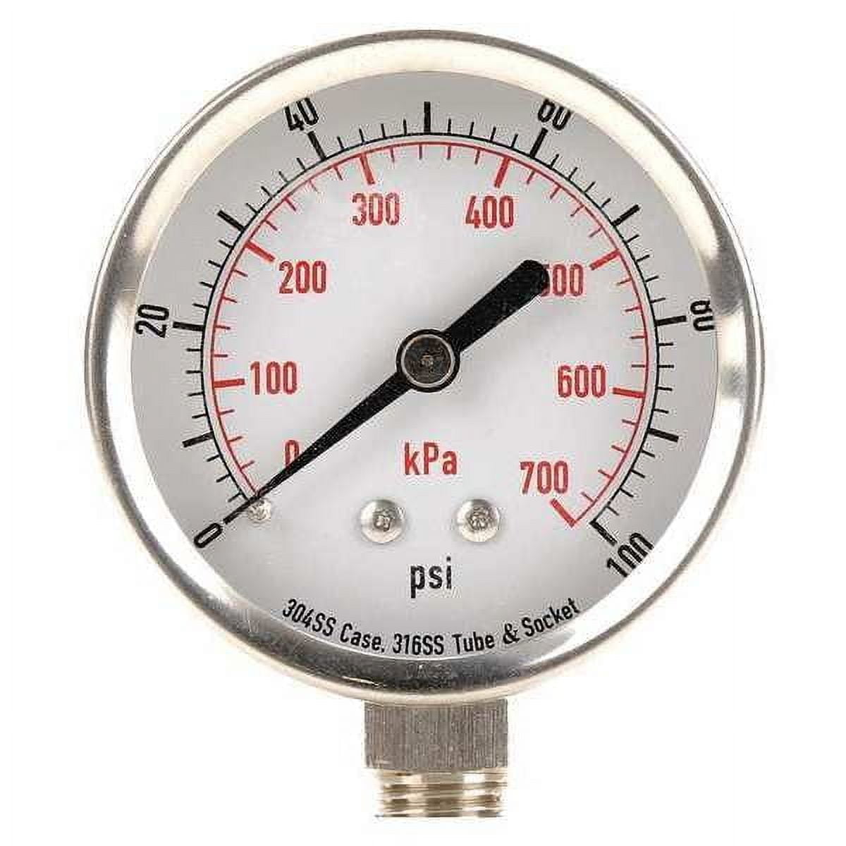 Pressure Gauge, 0 to 100 psi, 1/4 in MNPT, Stainless Steel, Silver ...