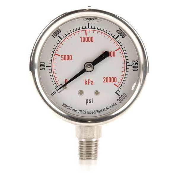 Pressure Gauge, 0 to 3000 psi, 1/4 in MNPT, Stainless Steel, Silver(4CFJ3) - Walmart.com