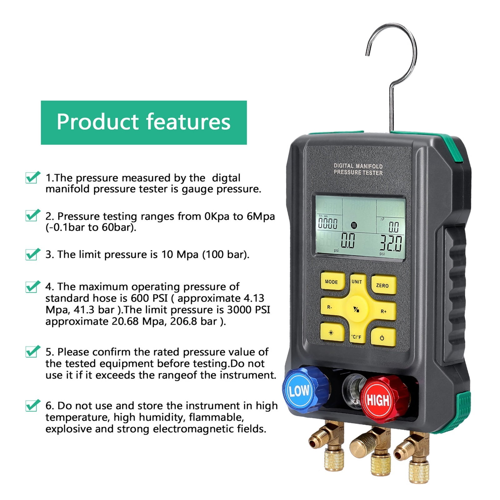 Pressure Gauge Refrigeration Digital Vacuum Pressure Manifold Tester ...