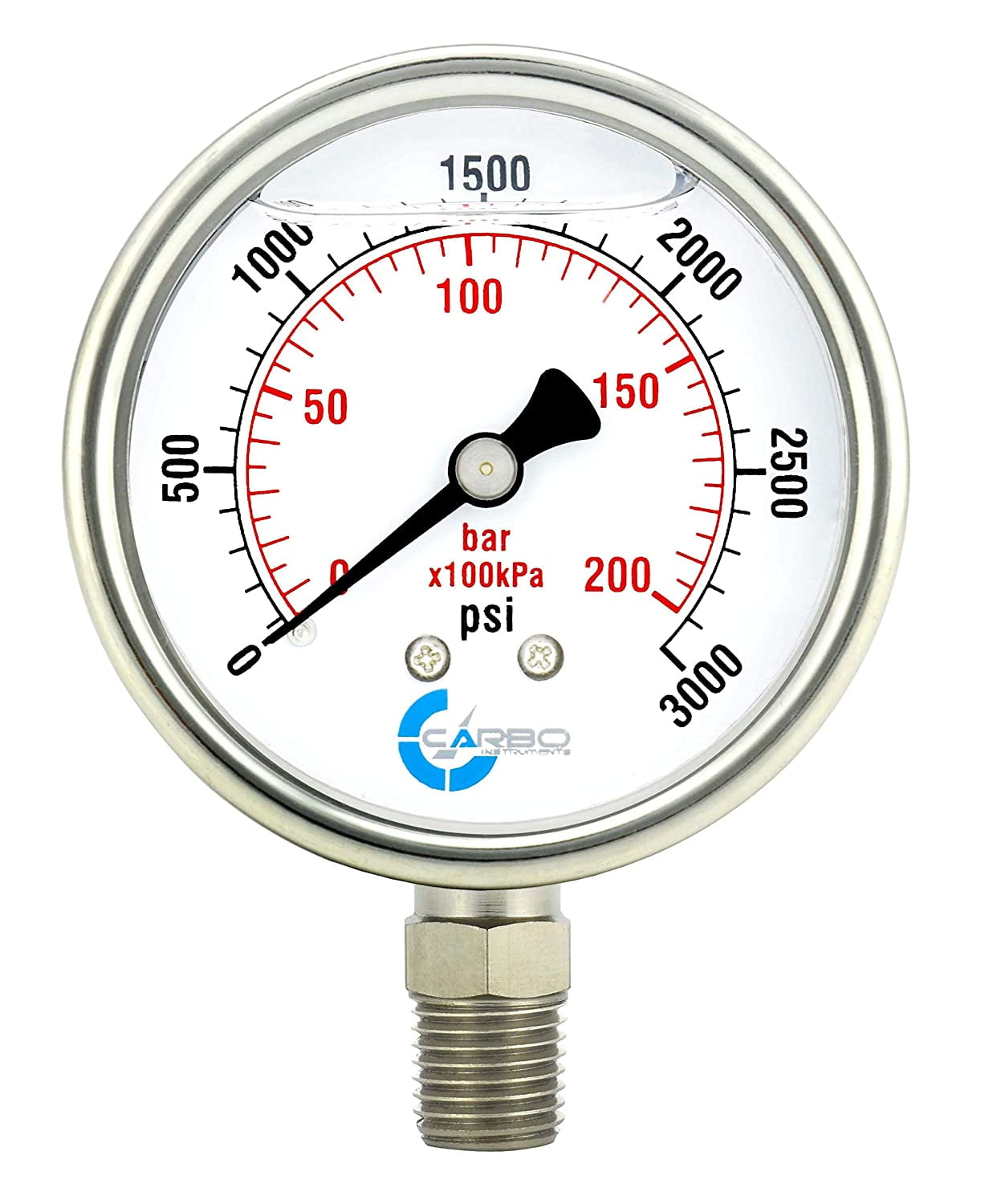 Pressure Gauge, Stainless Steel Case, Chrome Plated Brass Connection, Liquid Filled, 0-3000 psi ...
