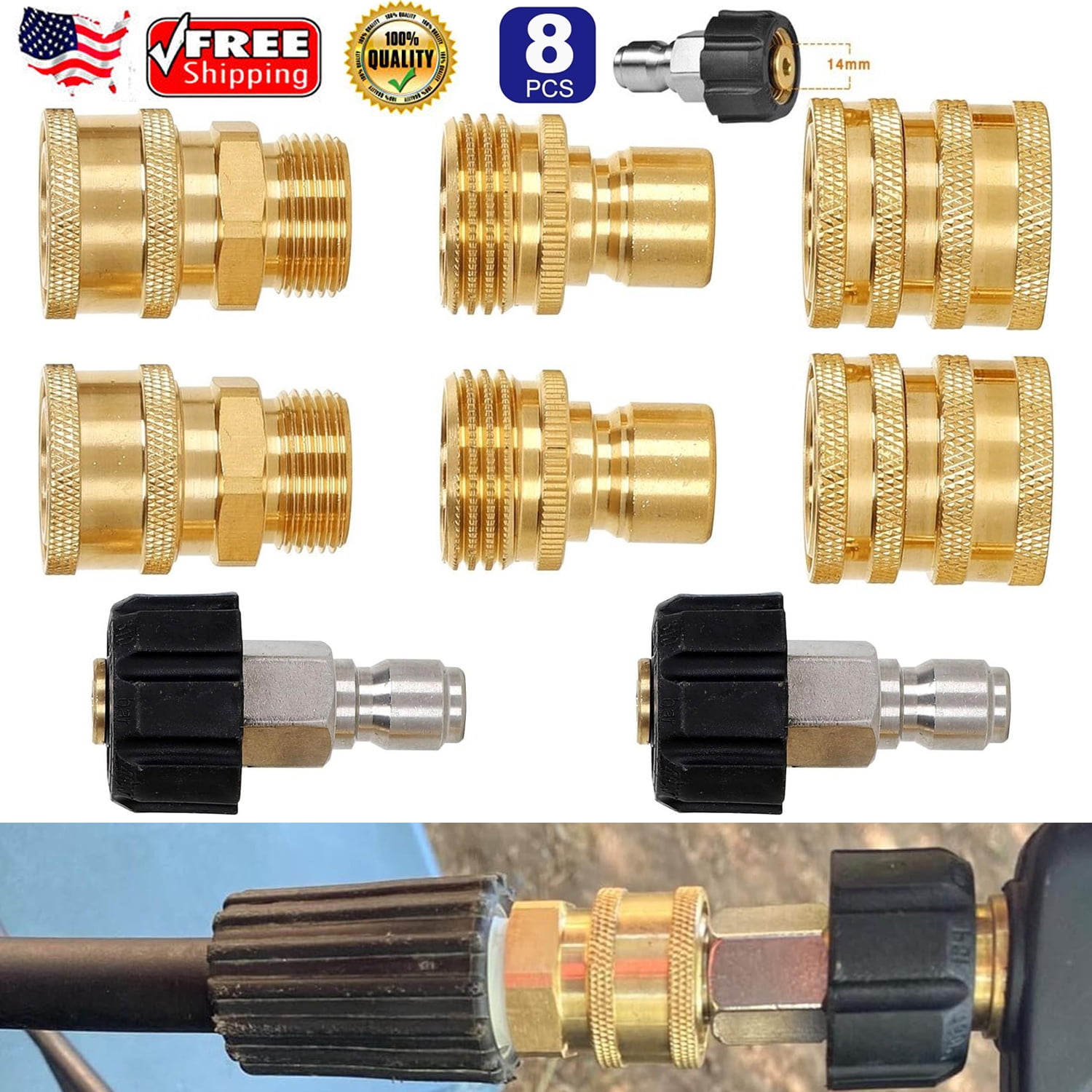 Pressure Washer Adapter Set, Quick Disconnect Kit, M22 Swivel to 3/8'' Quick Connect, 3/4" to ...