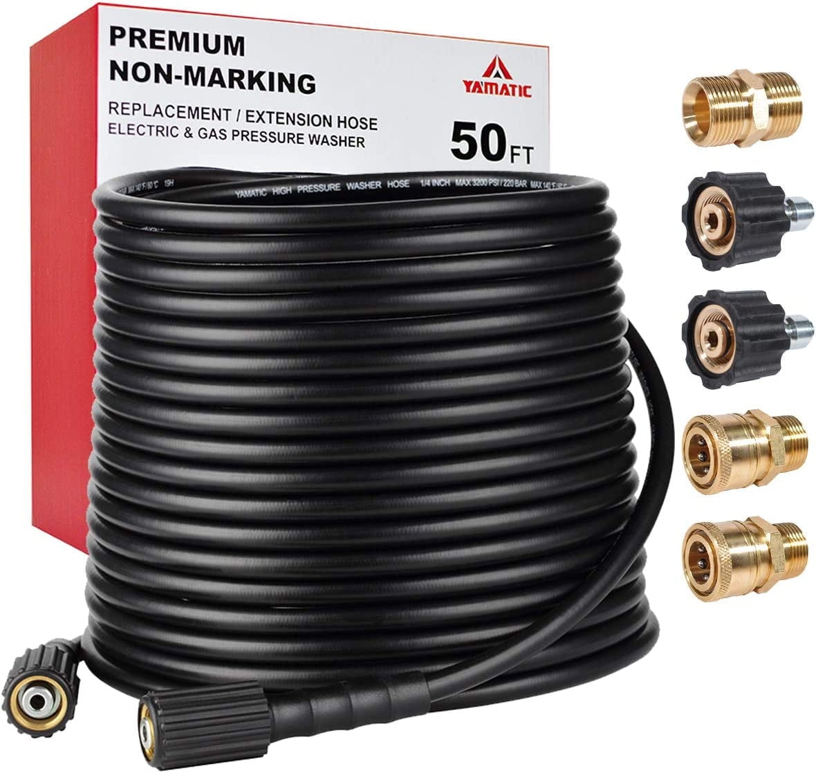 YAMATIC Kink Resistant 3200 PSI Pressure Washer Hose 50 FT X 1/4", M22 to 3/8" Quick Connect ...