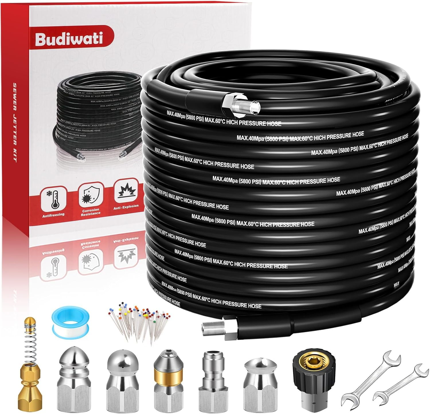 Pressure Washer Sewer Jetter Kit, 100 Feet 5800PSI Drain Cleaner Hose with 1/4 Inch NPT, Water ...