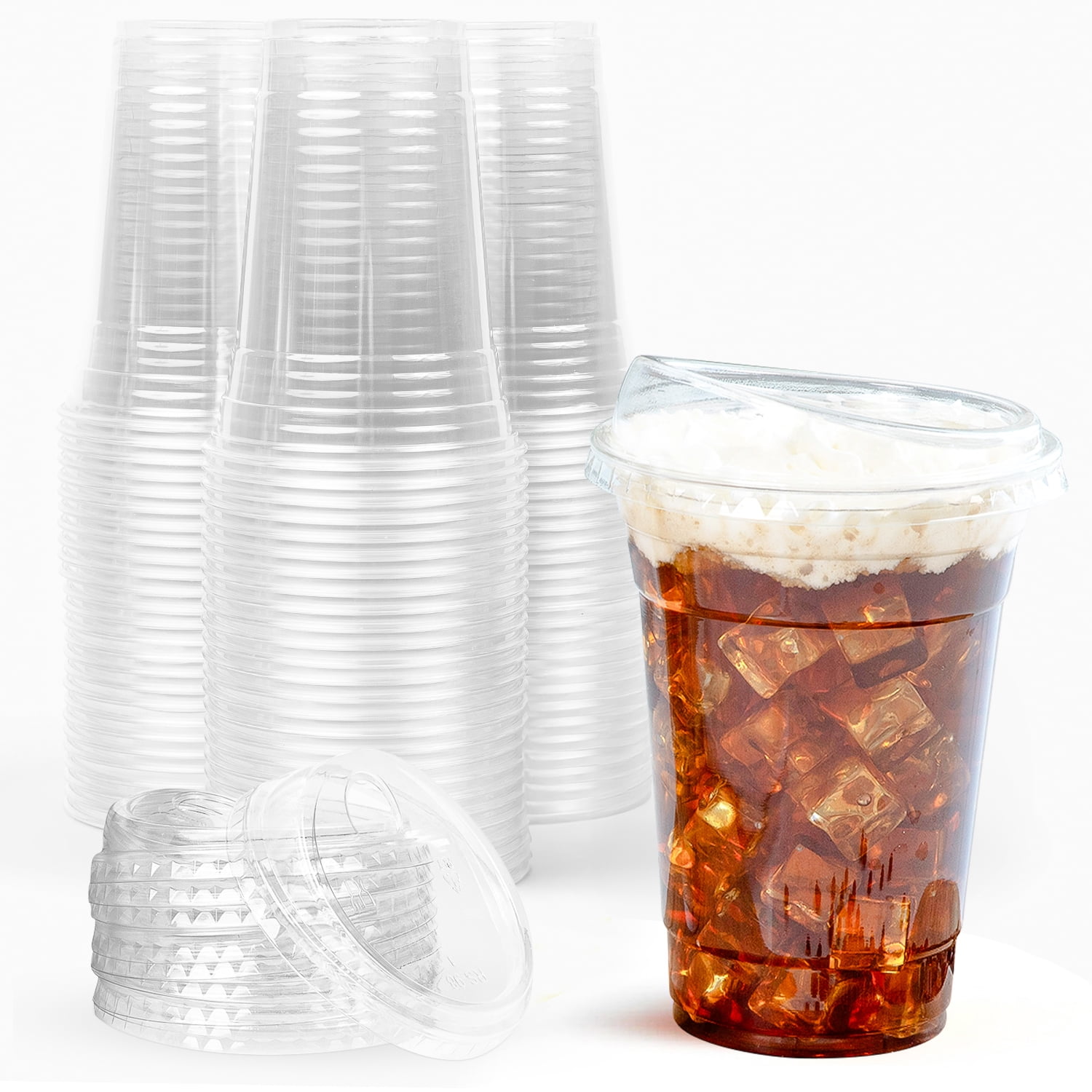 Prestee 100 Clear Cups with Lids, 16oz - Strawless Plastic Cups with ...