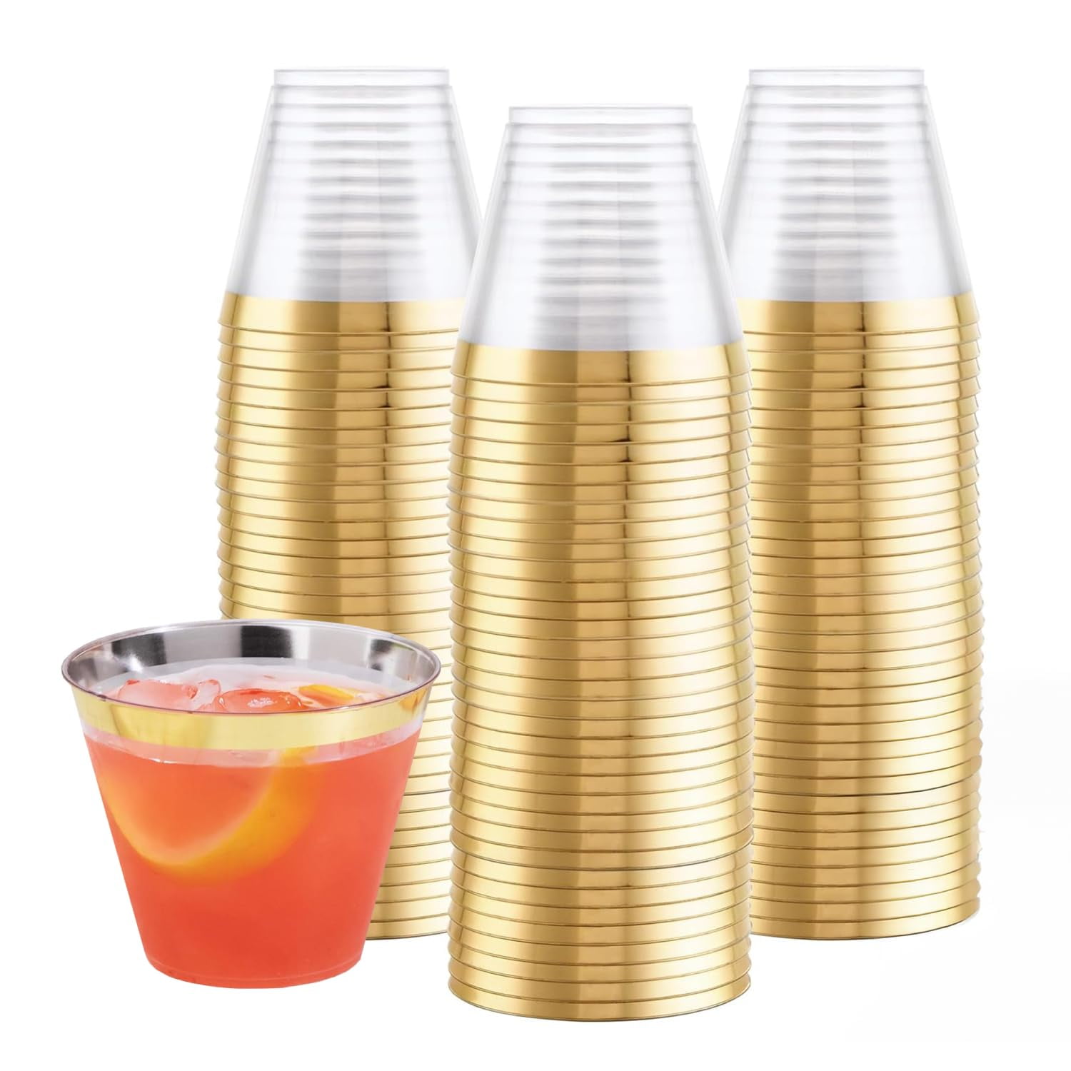 Prestee 100 Gold Rimmed Plastic Cups | 9 oz | Disposable | Ideal for ...