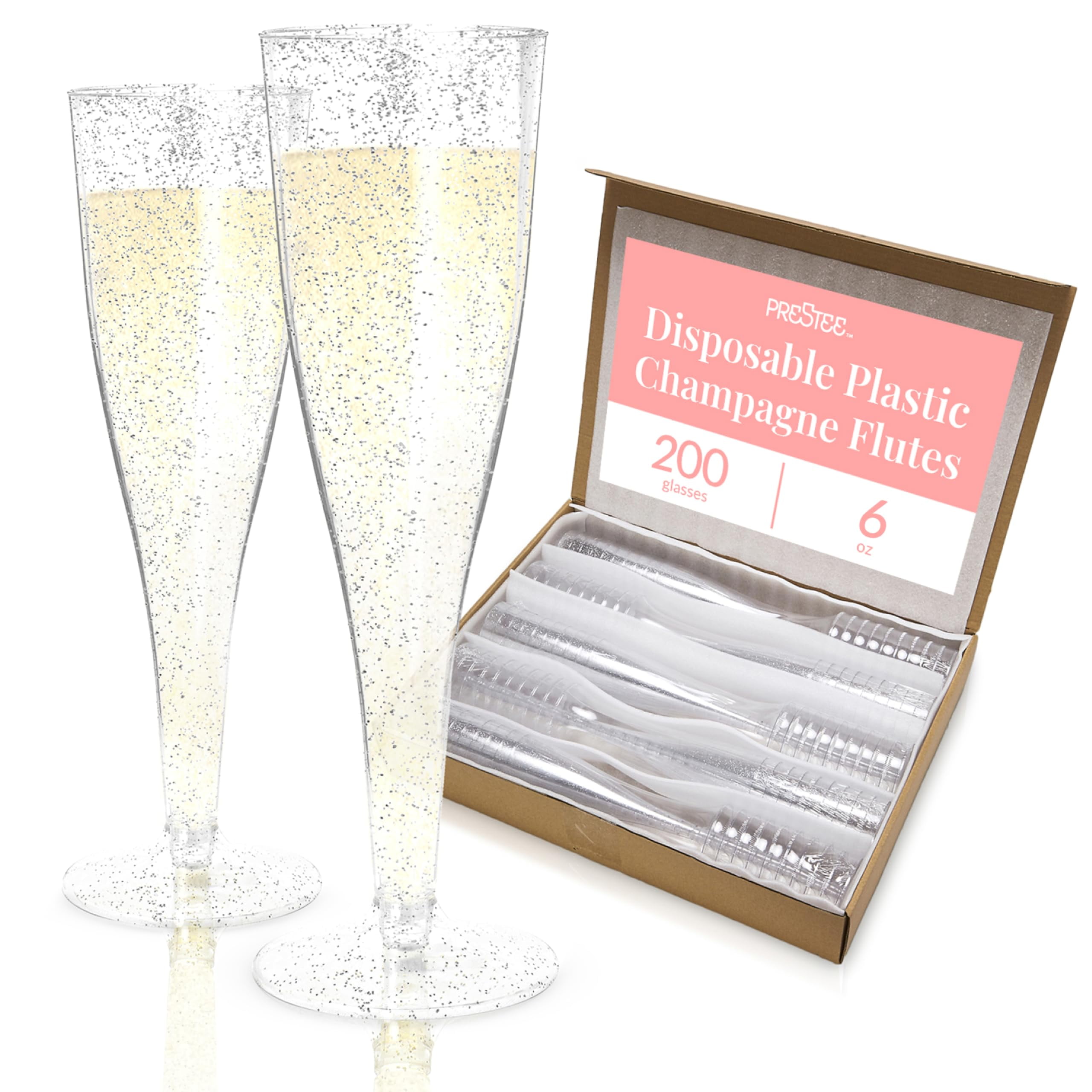 Prestee 200 Disposable Plastic Flutes - Silver Glitter Champagne Flutes ...