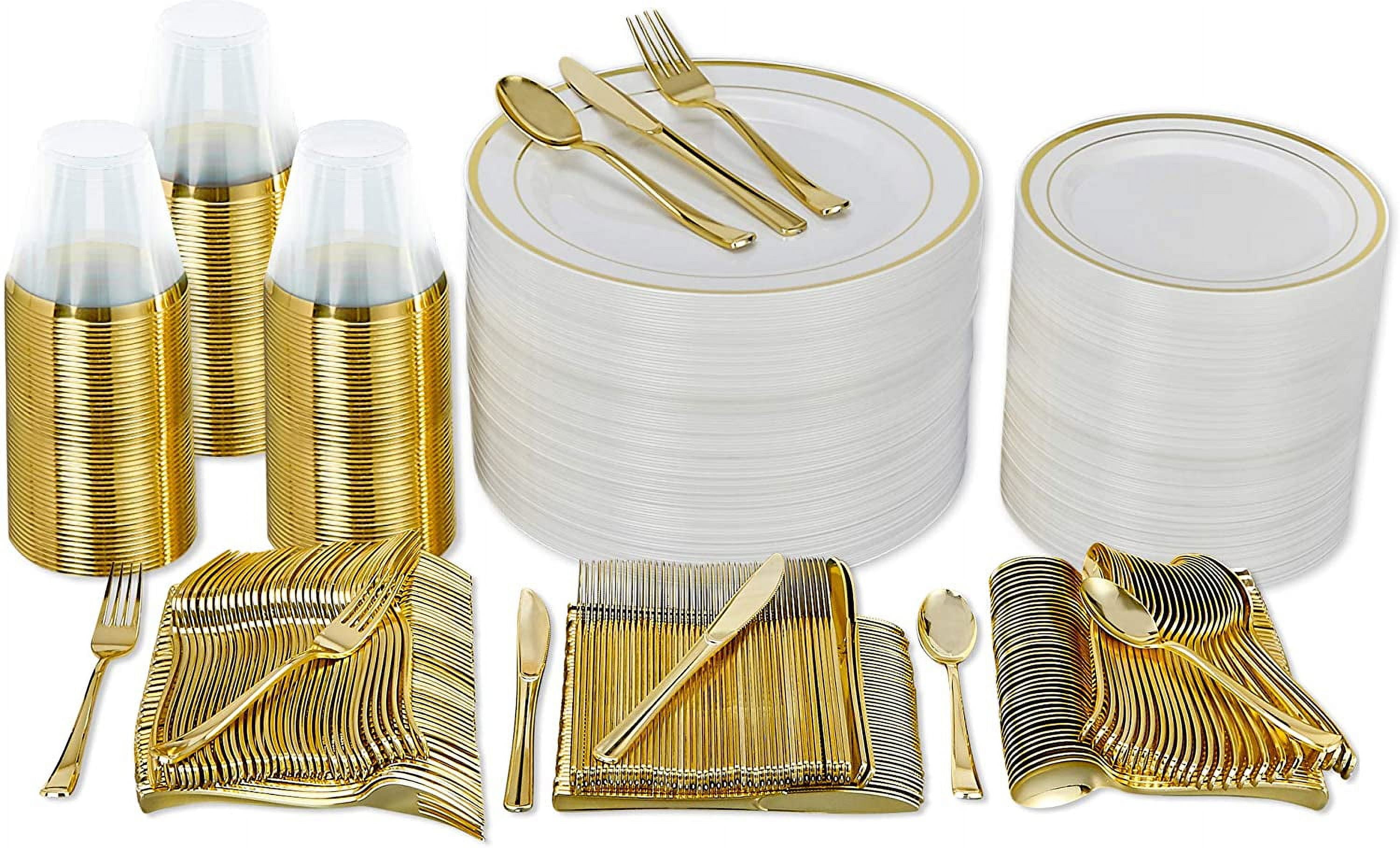 Prestee 600 Piece Gold Party Set | Elegant Wedding Dinnerware, Cutlery ...
