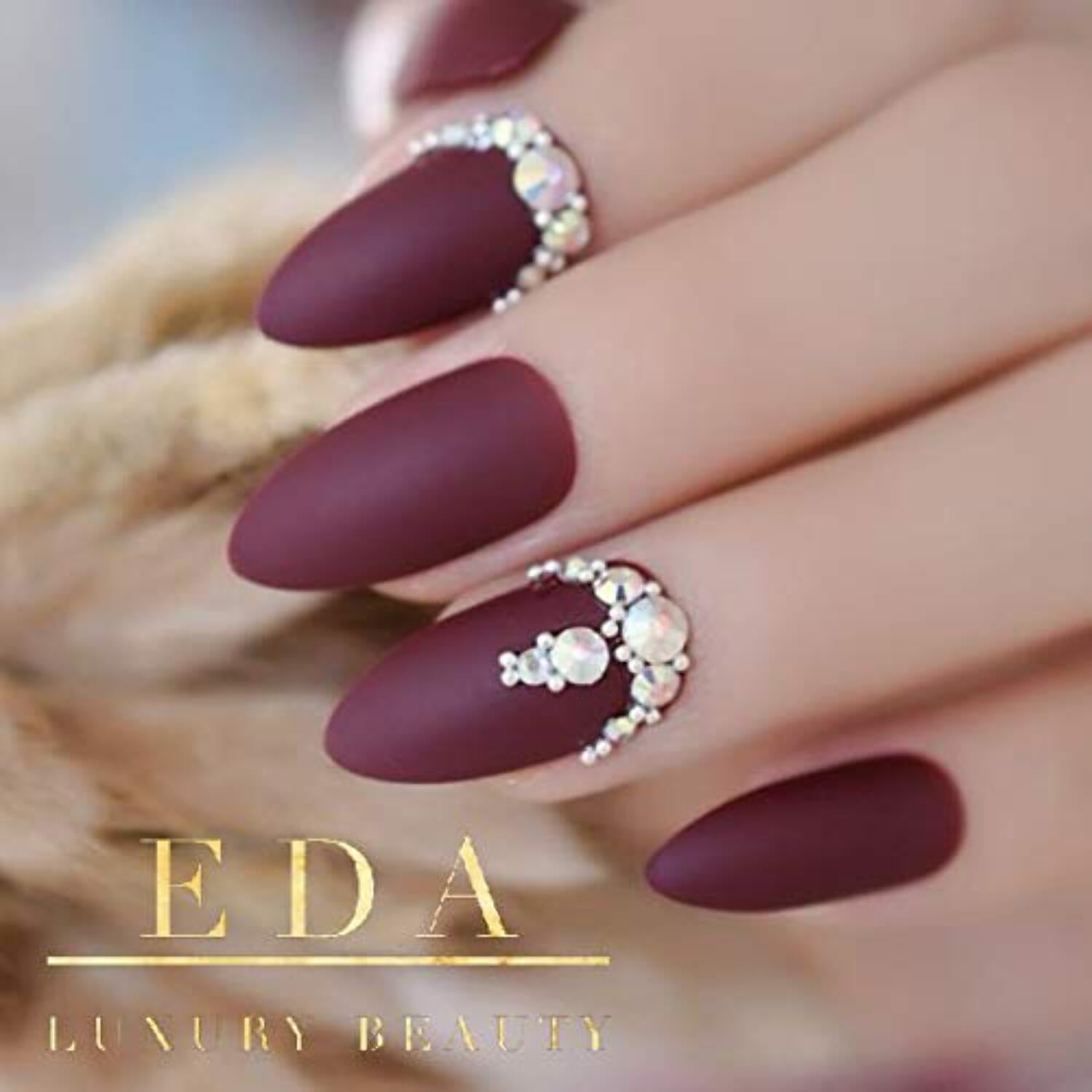 Matte Dark Red Burgundy 3D Crystal Press On Nails, Prestige Passion ...