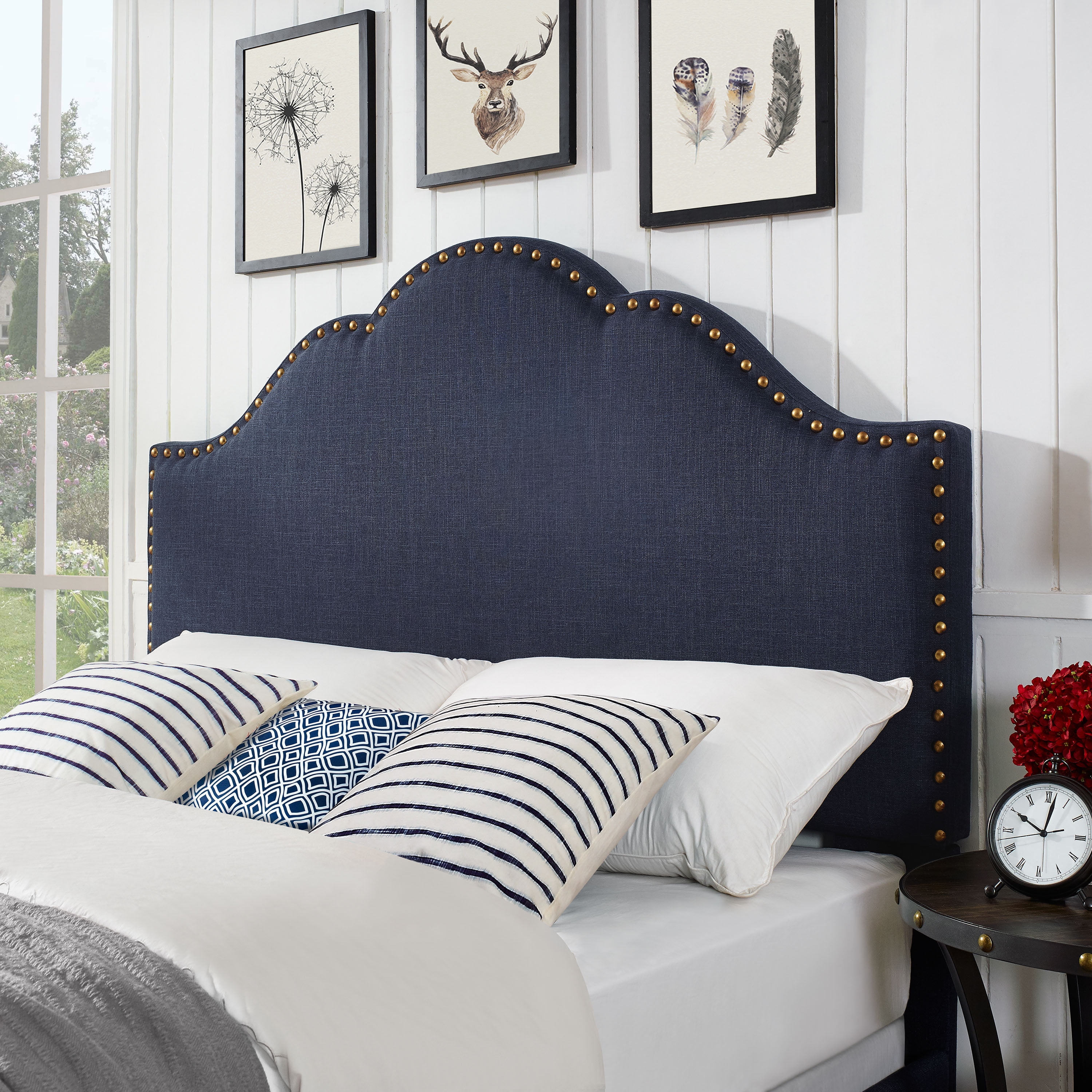 Preston Camelback Upholstered King/Cal King Headboard In Navy Linen ...