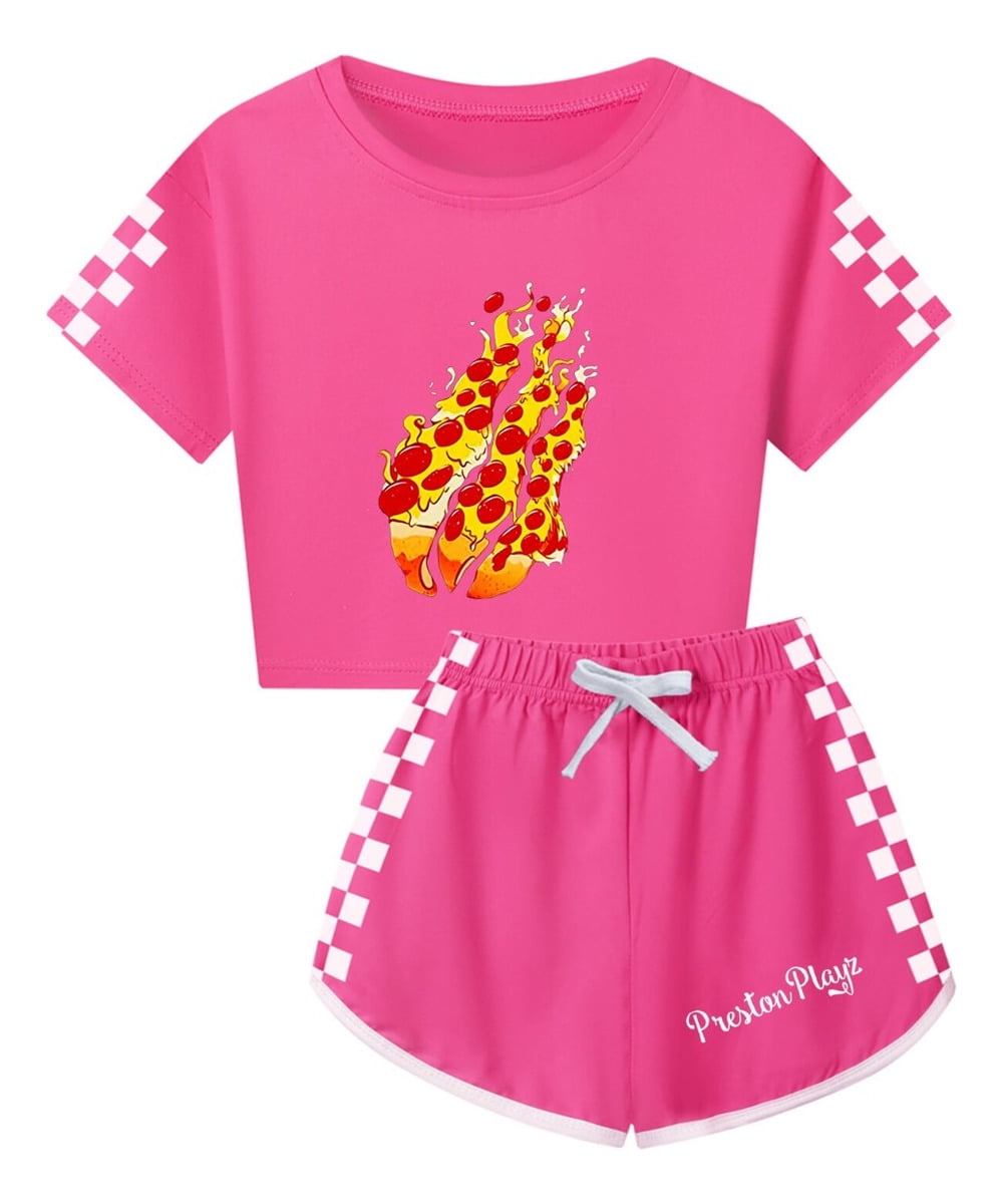 Preston Playz Girls Crop Shirt and Shorts – 2pc Outfit with Flame ...