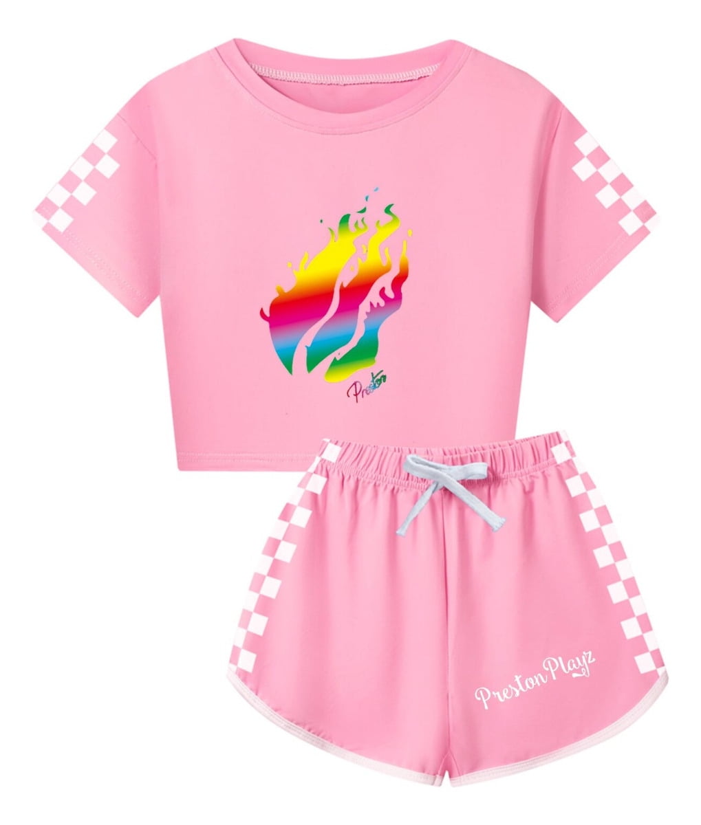 PrestonPlayz Crop Top and Shorts for Girls – Flame and Checkerboard ...