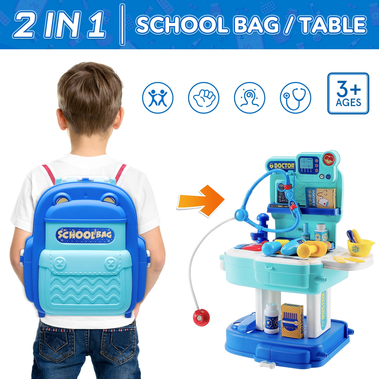 Pretend Doctor Backpack, 31pcs Simulated Doctor Kit 2 in 1 Pretend Play ...