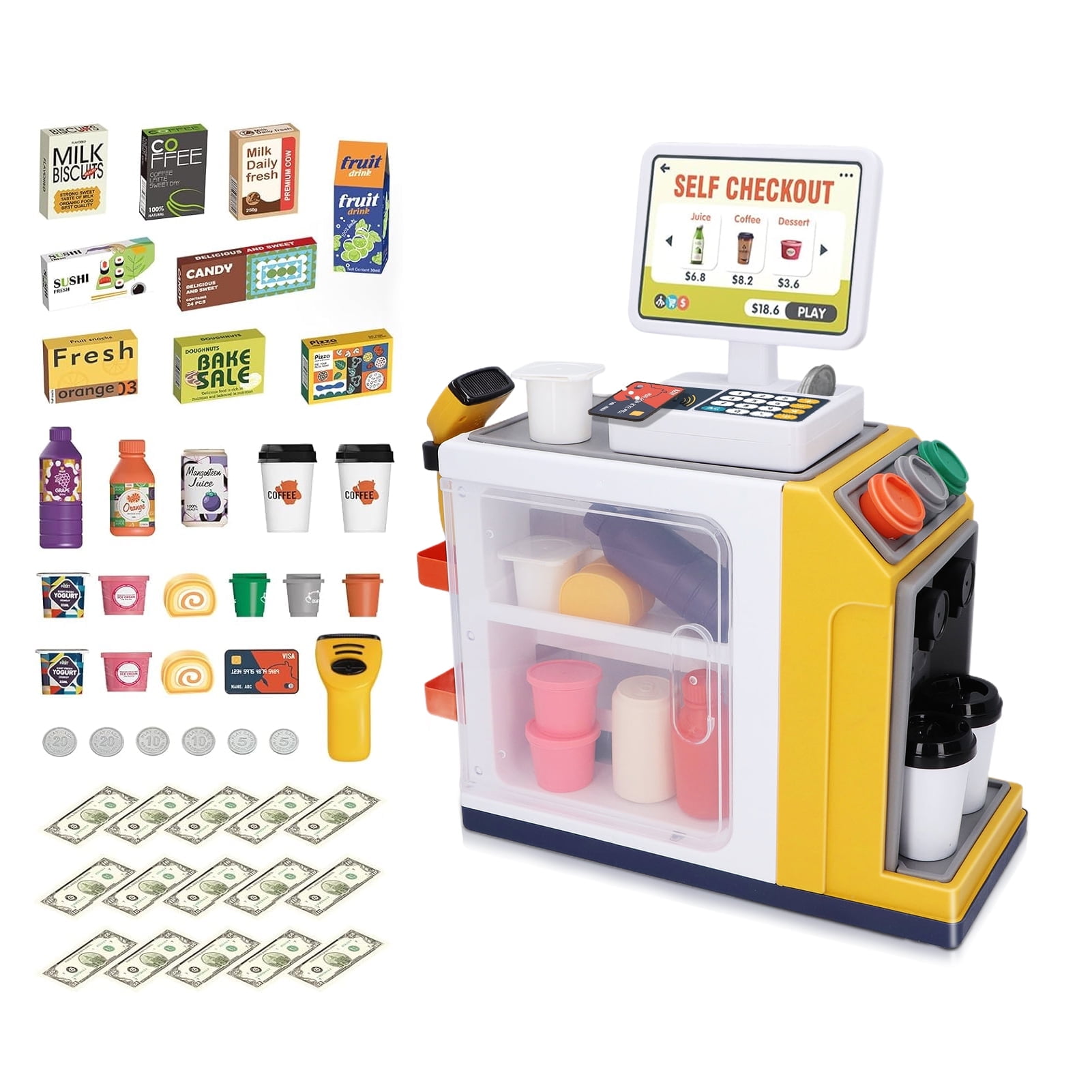 Pretend Play Cash Register Toy Set 49PCS with Toy Coffee Machine ...