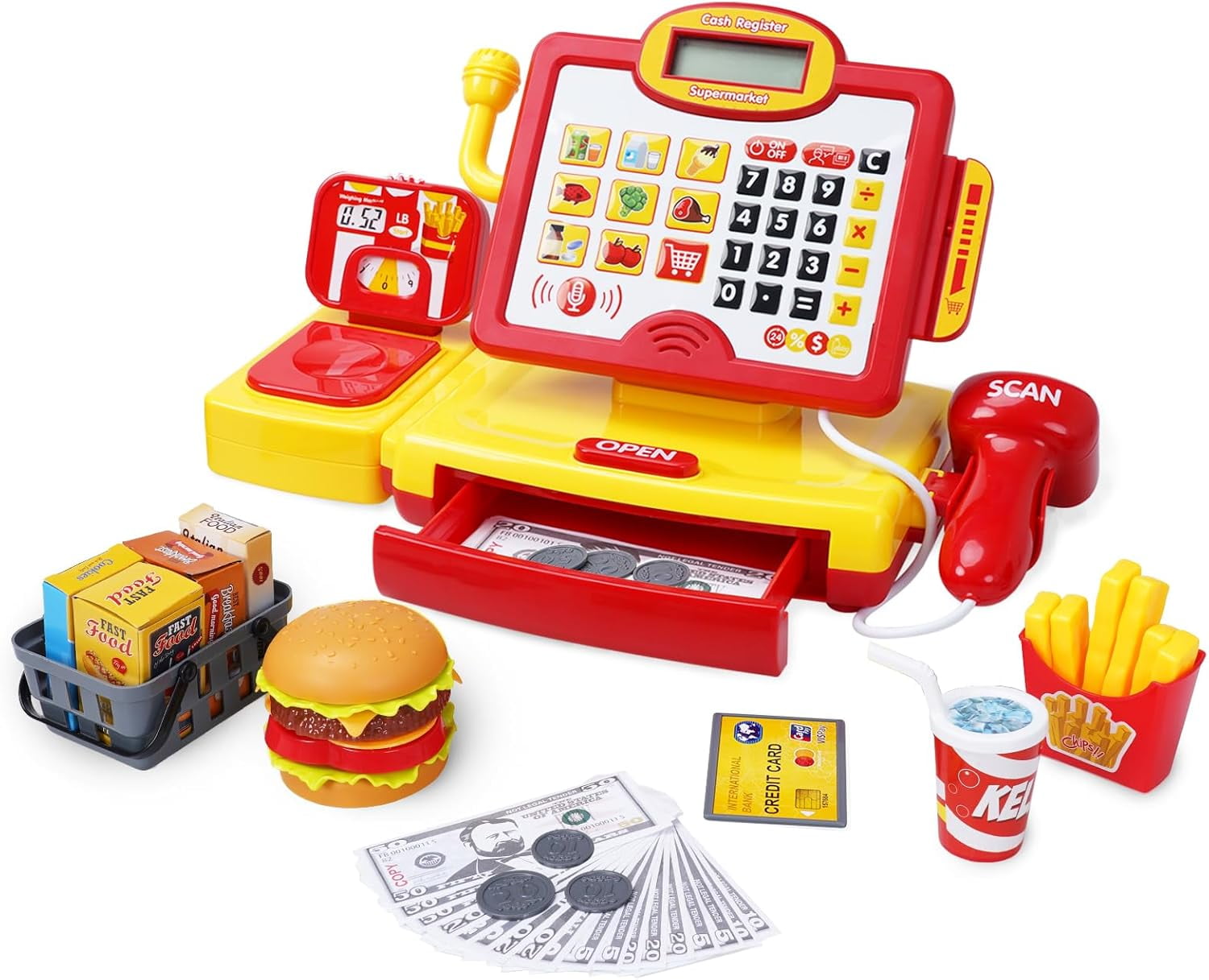 Pretend Play Cash Register Toys with Scanner, Calculator, Large Drawer ...