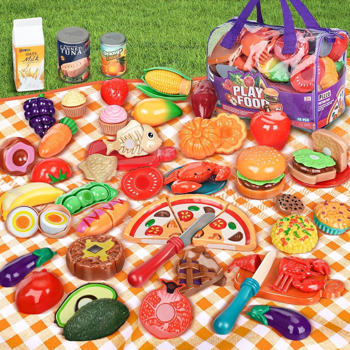 Pretend Play Food for Kids Kitchen - 78Pc Cutting Toy Food with Storage ...