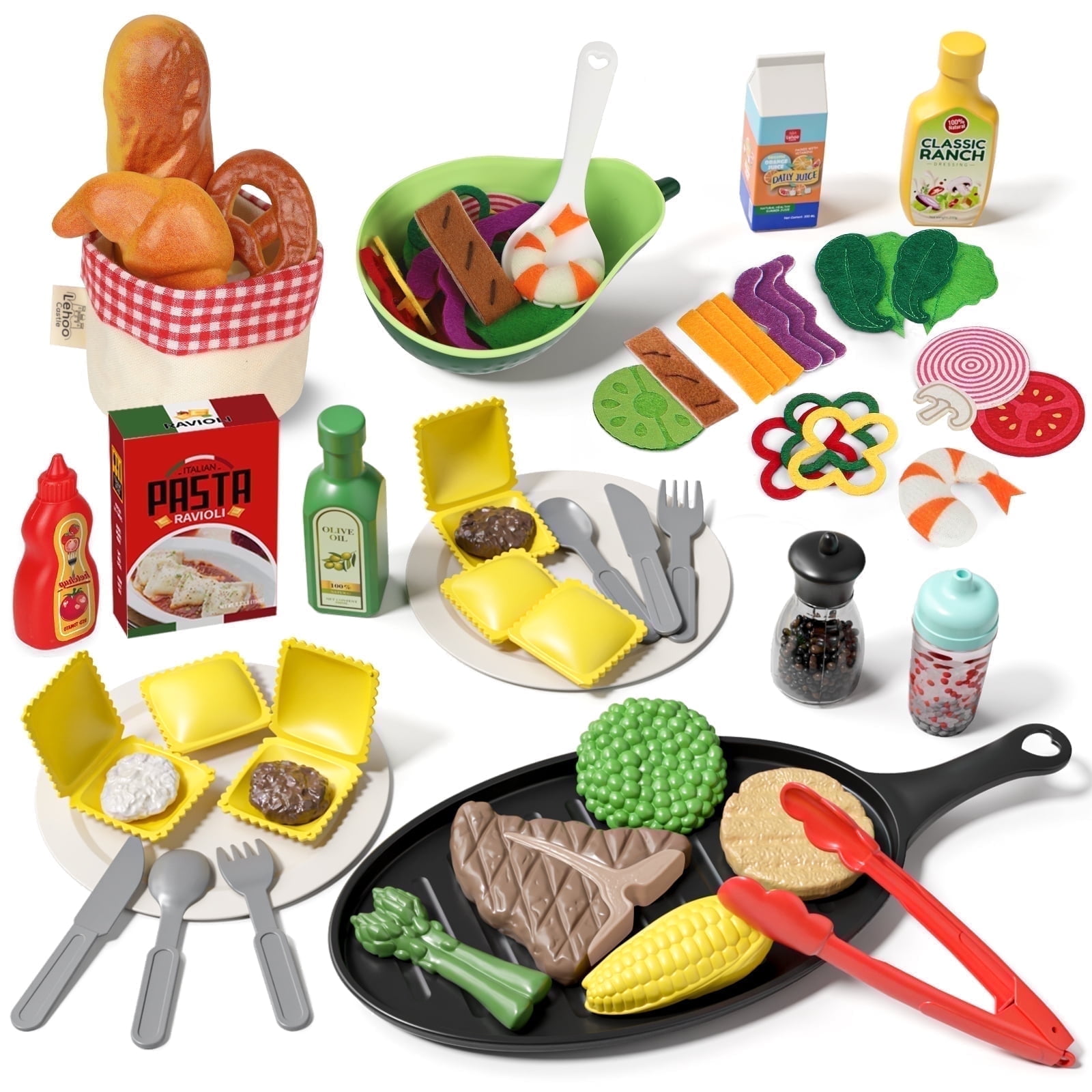 Play Food Set, Pretend Play Kitchen Food Toys with Steak & Bread ...