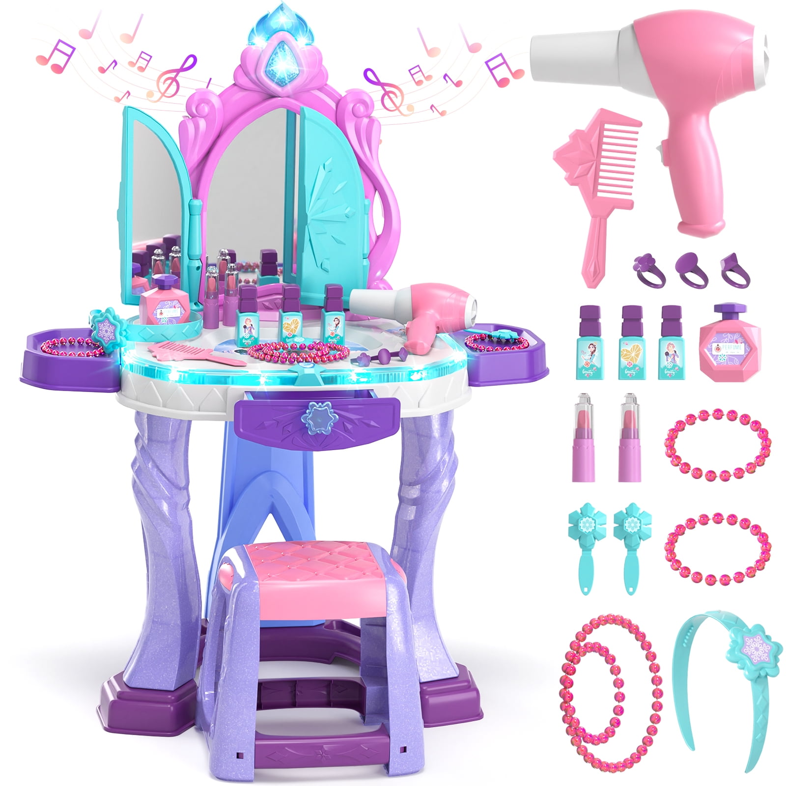 Pretend Play Girls Makeup Table Set with Mirror and Chair, Toddler Kids ...