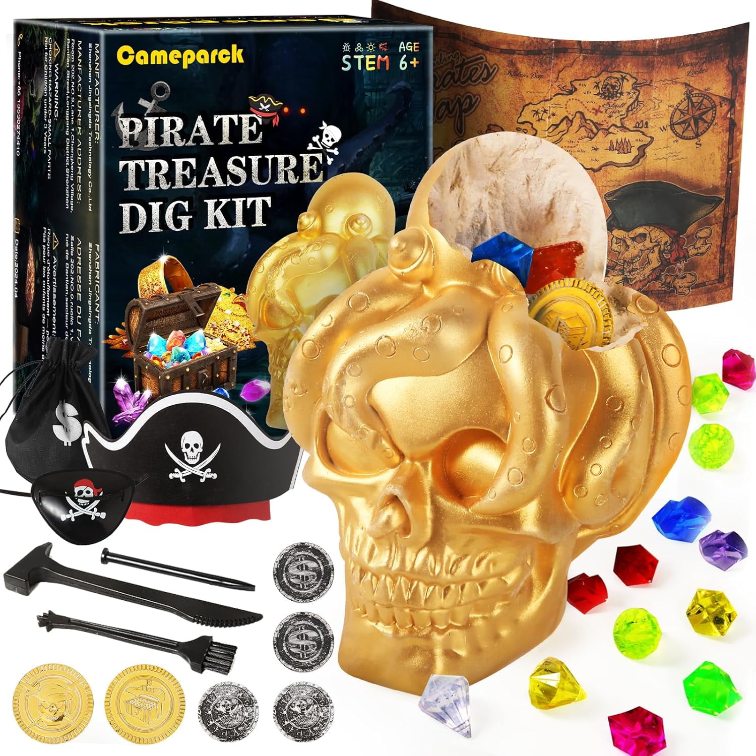 Pretend Play Pirate Toys Dig Kit - Excavate 20 Pirate Treasures,Gemstones,Gold Coins-with Hat ...