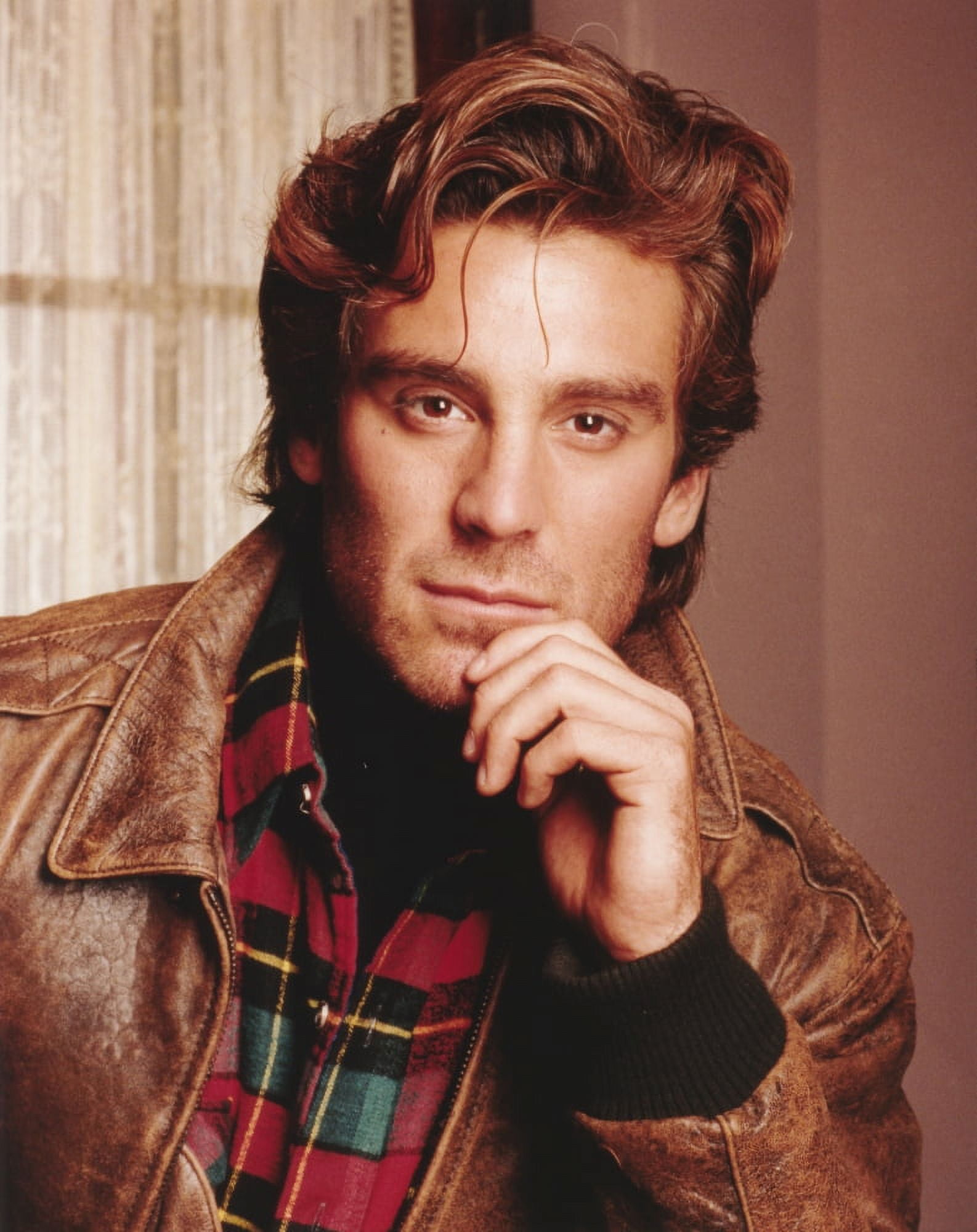 Pretender Cast Member Michael Weiss Hand on Chin Pose in Brown Leather ...