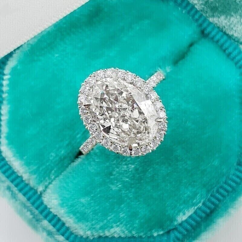 Pretty 4Ct Lab Created Oval Diamond Halo Engagement Ring 14k White Gold ...