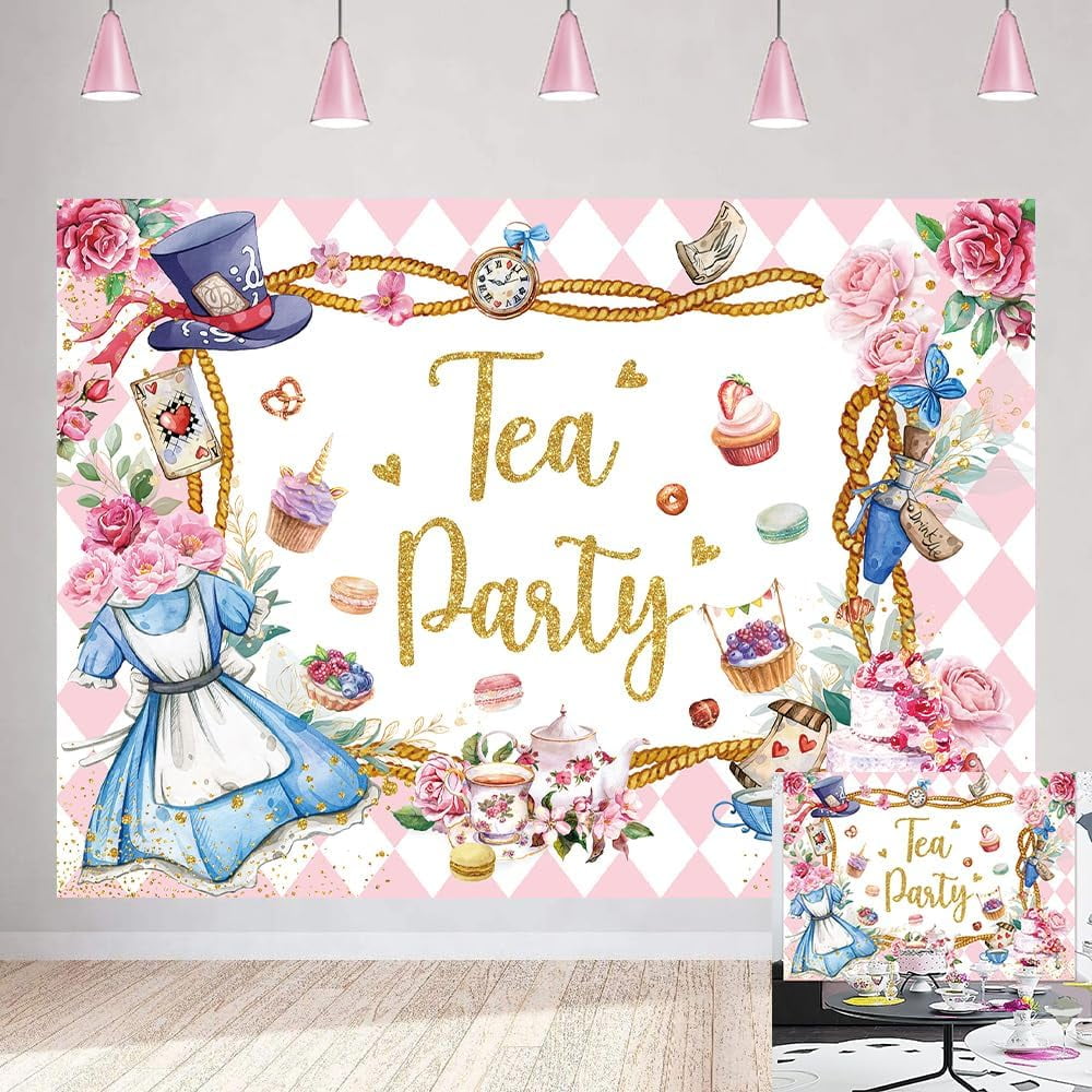 Pretty Backdrop Pink Tea Party Backdrop Wonderland Floral Rabbit ...
